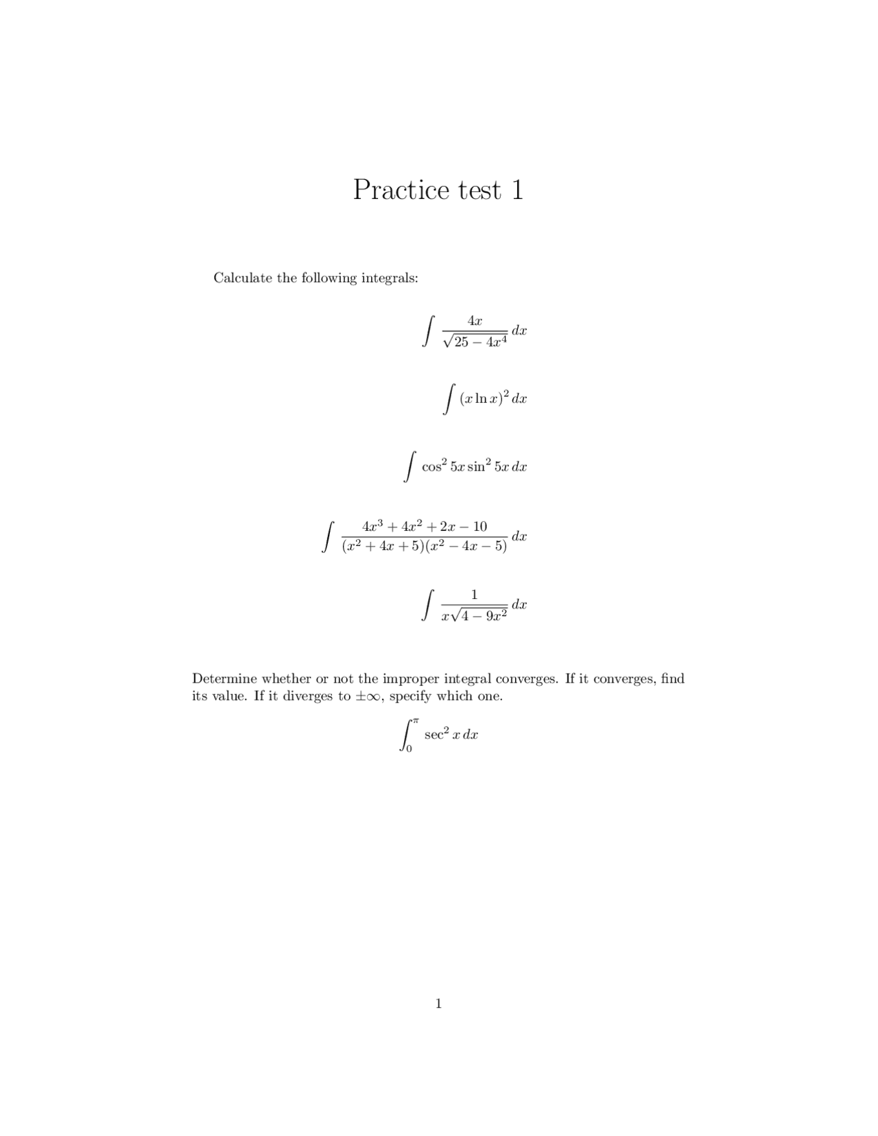 Practice Test 1 Question Single Variable Calculus Ii Math 102 Docsity