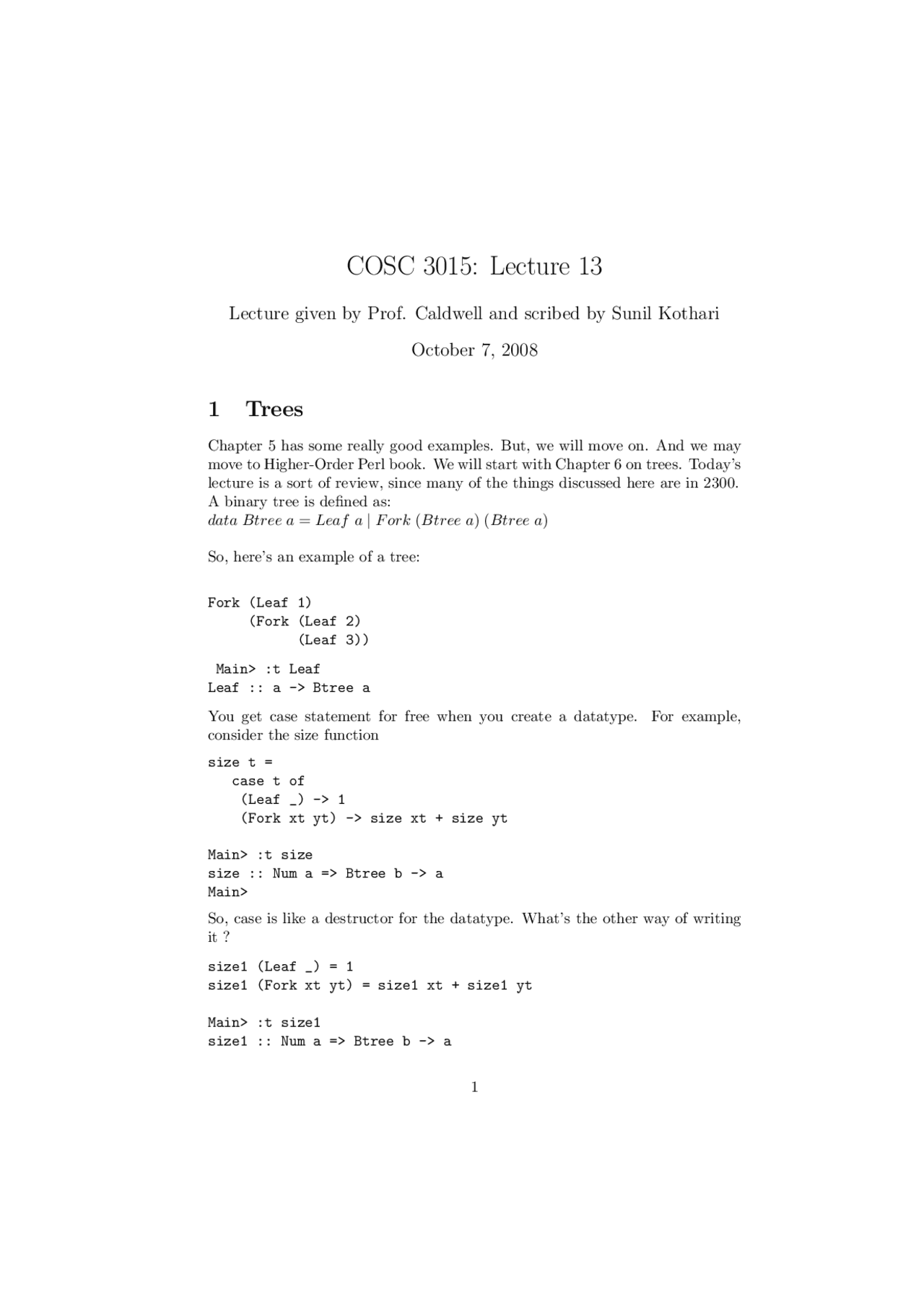 Notes On Trees Functional Programming Cosc 3015 Docsity