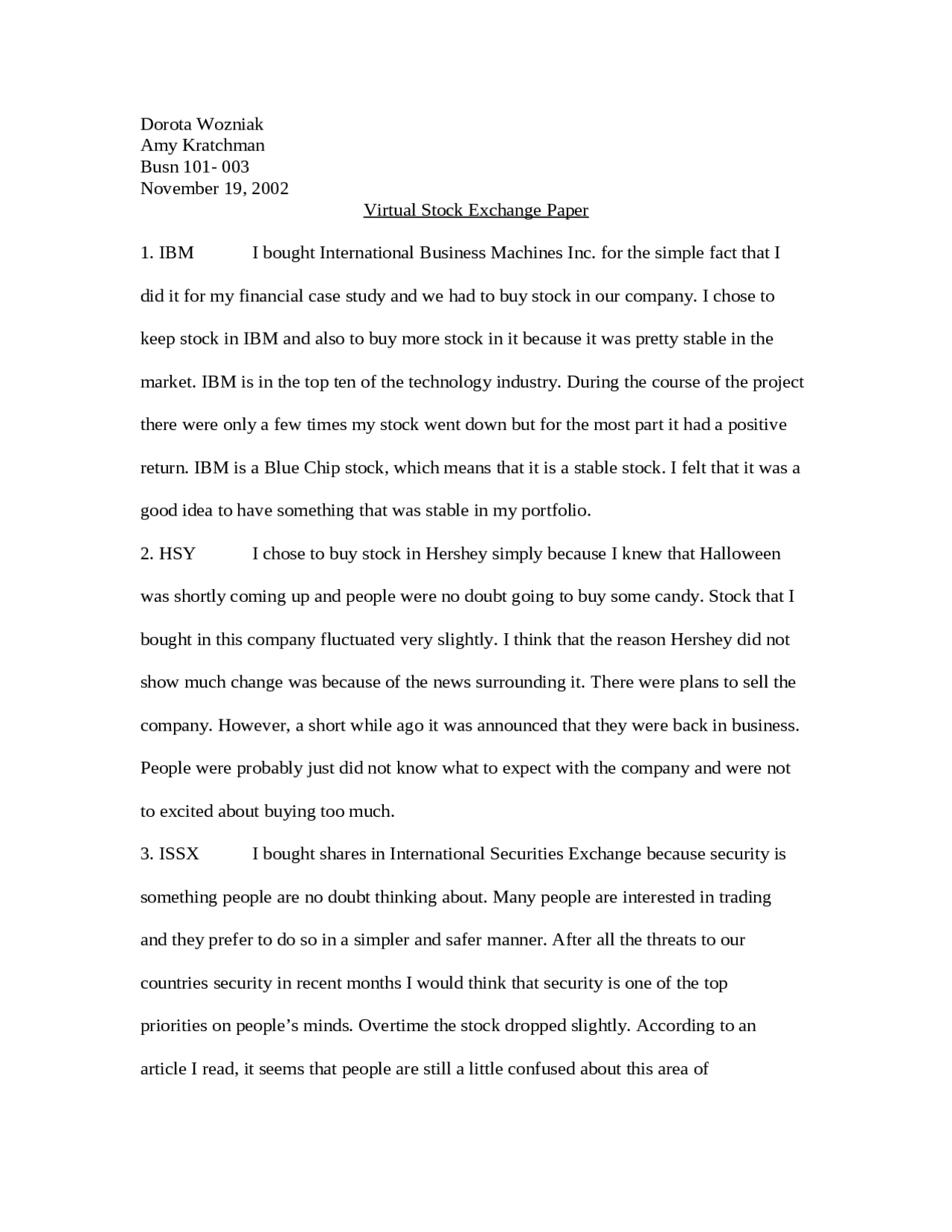 Virtual Stock Exchange Paper - Foundations of Business I | BUSN 101 ...