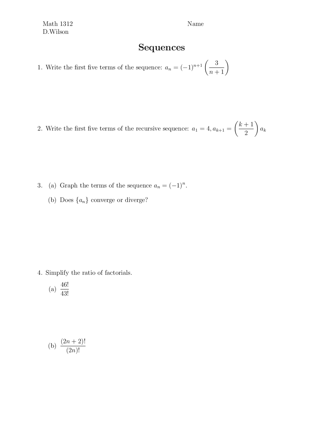 Sequence - Calculus II - Sample Exam | MATH 1312 - Docsity