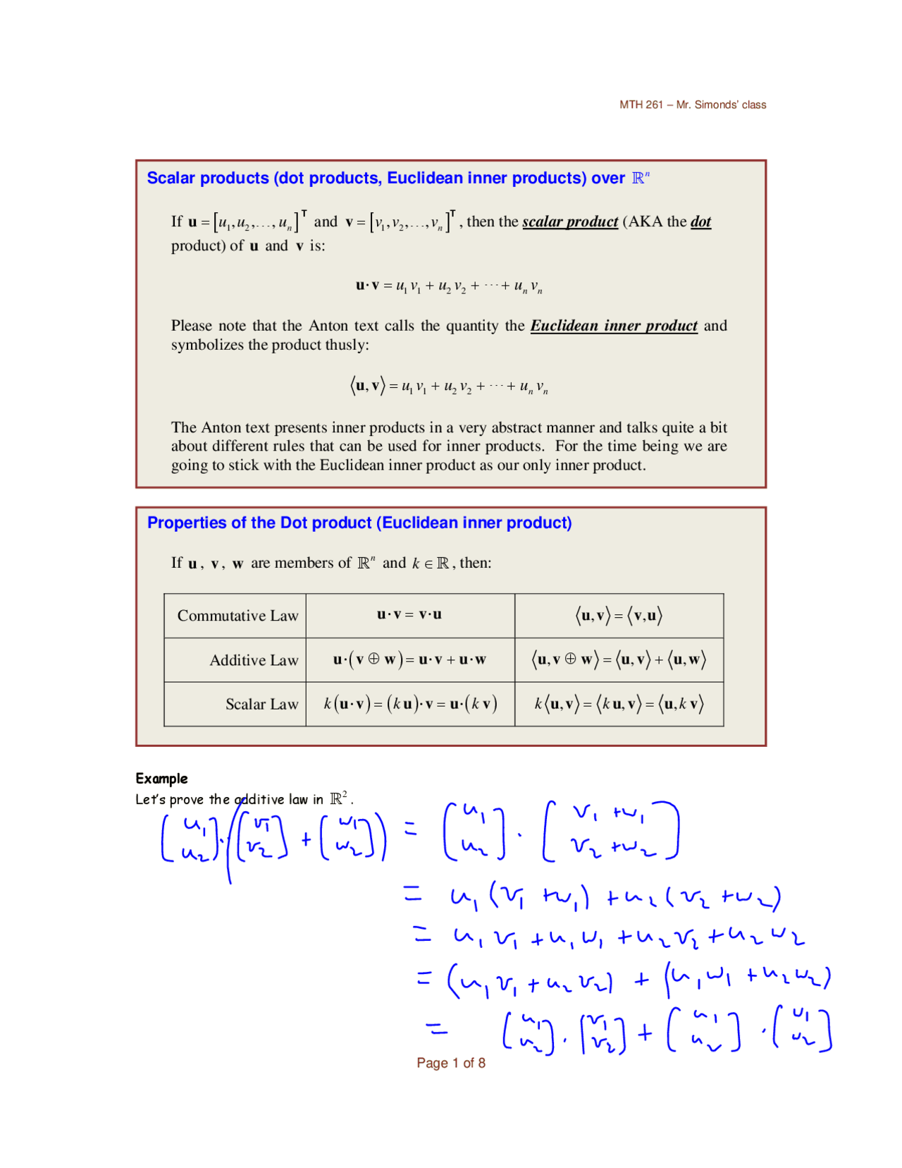 Properties of Dot Product in Applied Linear Algebra I | MTH 261 - Docsity
