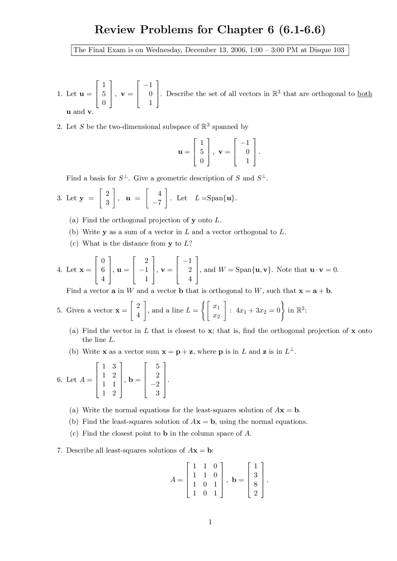 7 Review Problems Final Exam Linear Modeling For Engineers Math 290