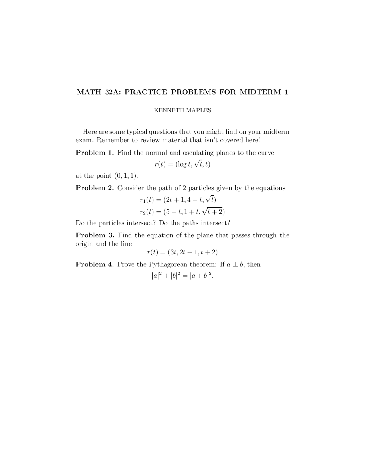 Midterm 1 Practice Problems for MATH 32A: Calculus with Applications | Exams Calculus | Docsity