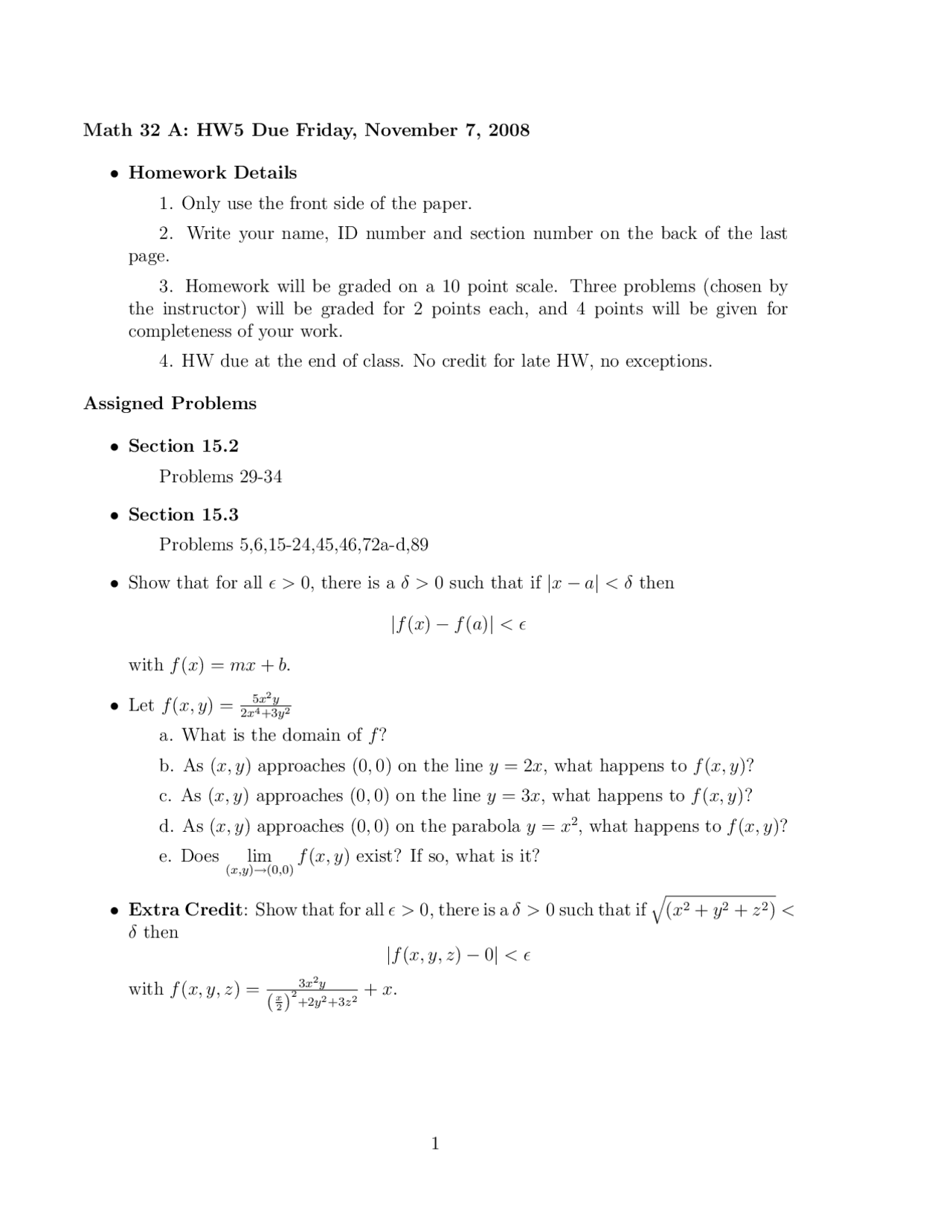 Problems on Calculus of Several Variables - Homework 5 | MATH 32A - Docsity