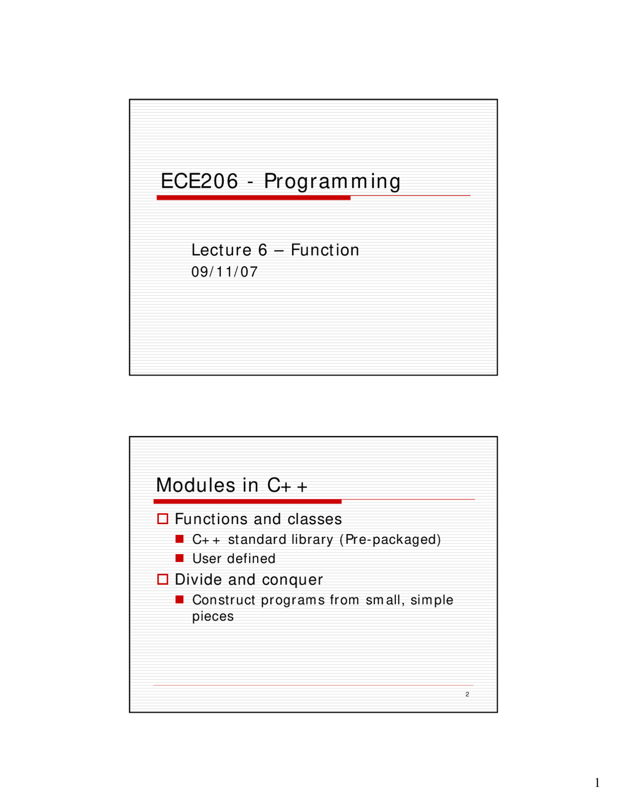 Lecture Slides on Function, Modules in C++ | ECE 206 - Docsity