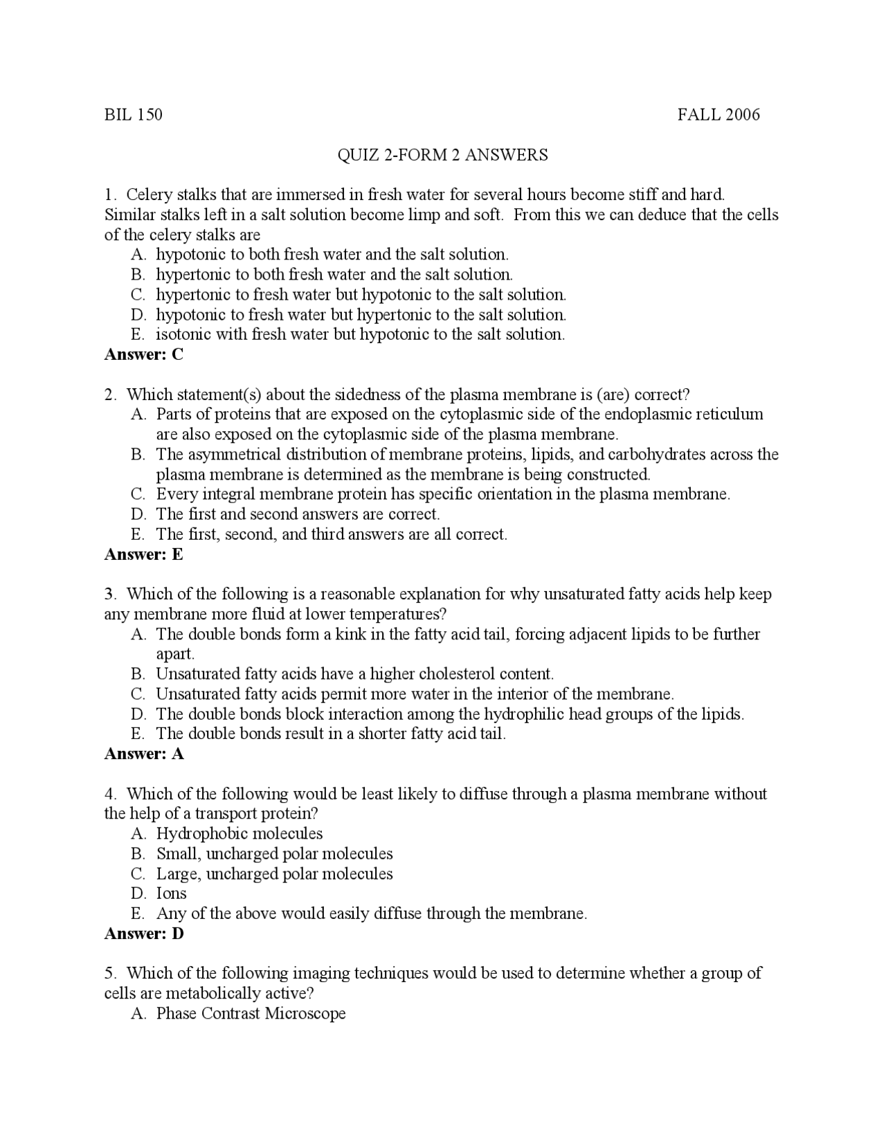 Quiz 2 Answer Sheet - General Biology | BIL 150 | Quizzes Biology | Docsity