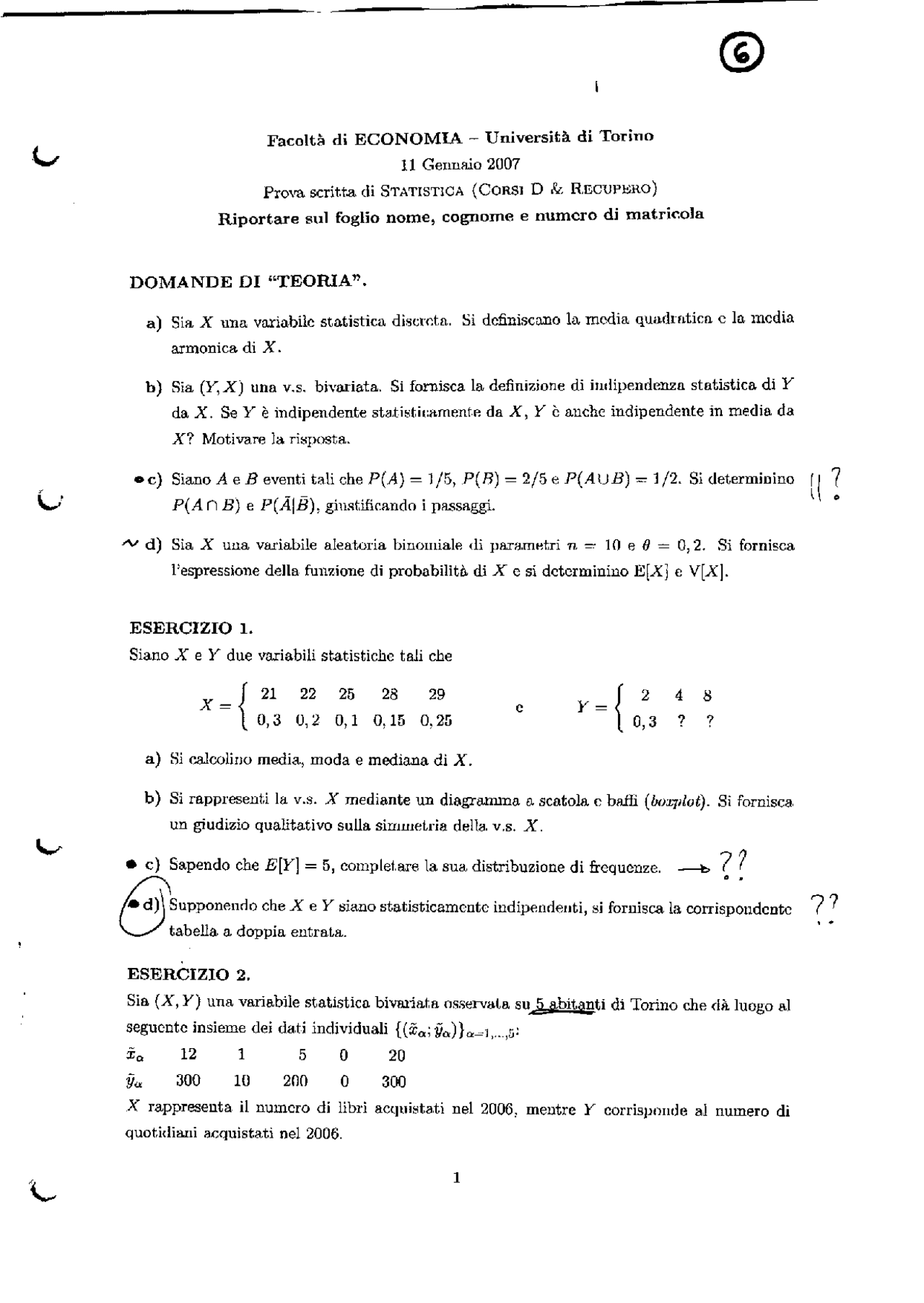 Esame del 11 01 2007 di Statistica e soluzione - Uni. di Torino - Docsity