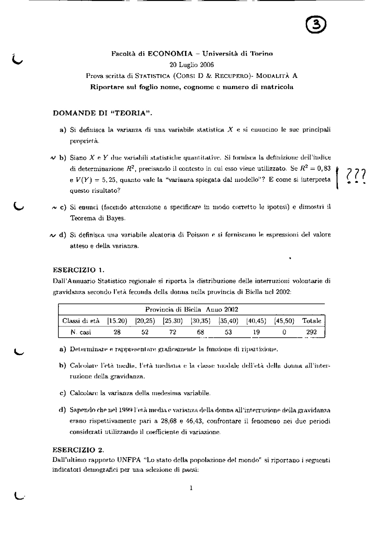 Esame del 20 07 2006 di Statistica e soluzione - Uni. di Torino - Docsity