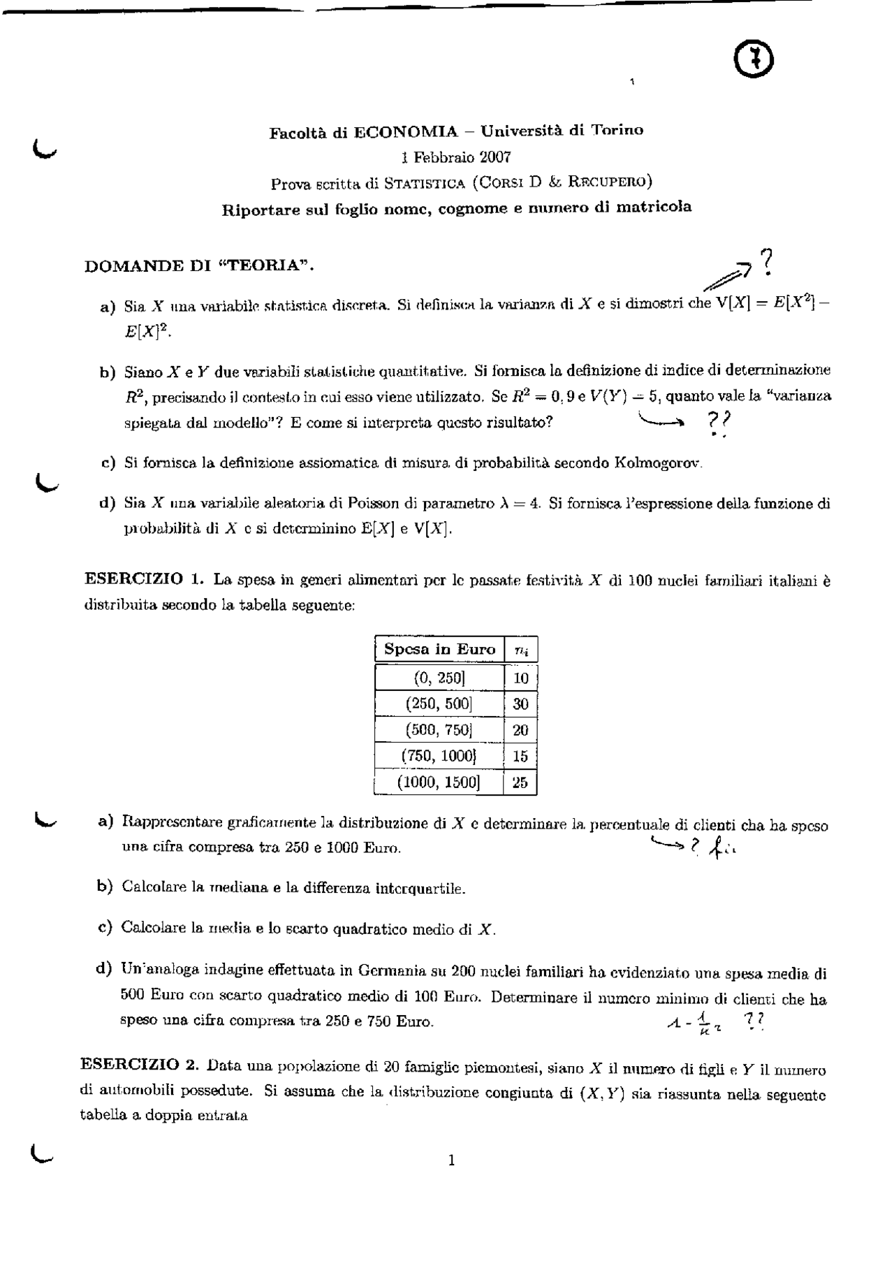 Esame con soluzione del 01 02 2007 di Statistica - Università di Torino ...