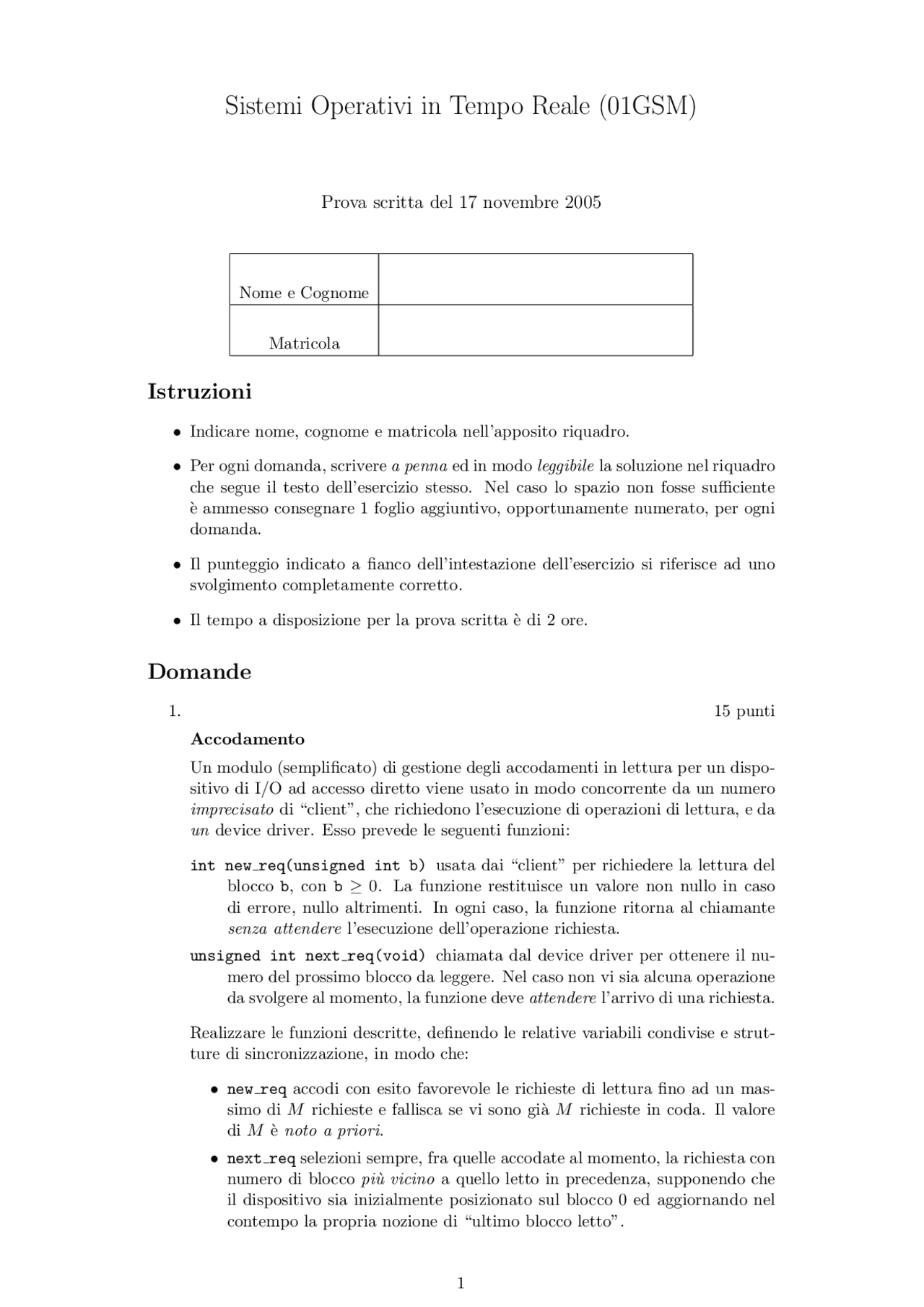 Sistemi Operativi Per Tempo Reale Esame 17112005 Docsity