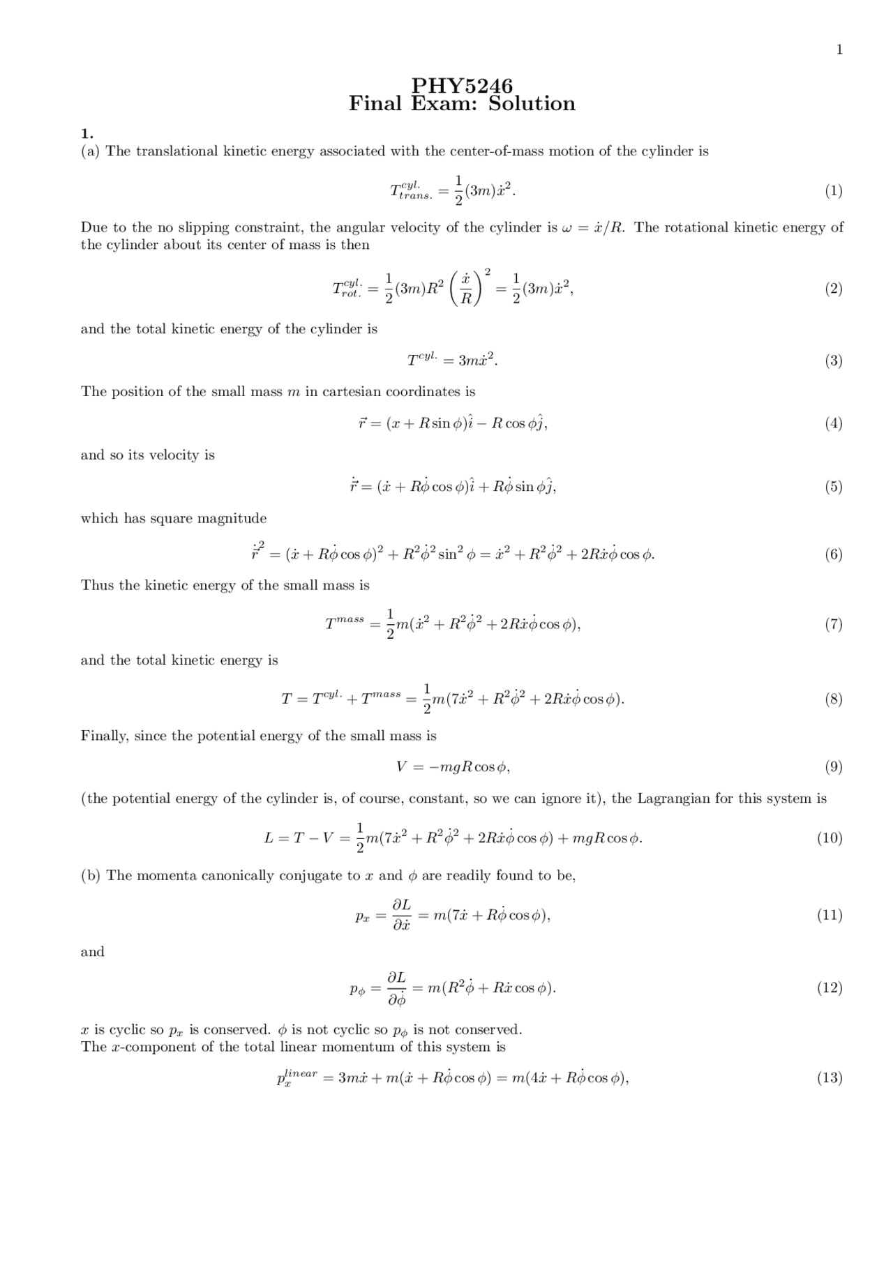 Final Exam Theoretical Dynamics Phy 5246 Docsity