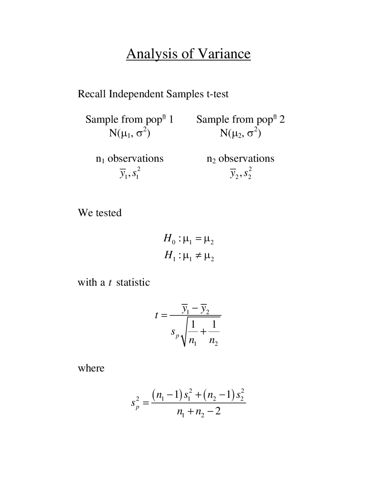 Notes On Analysis Of Variance Statistics For Research I Stat 537