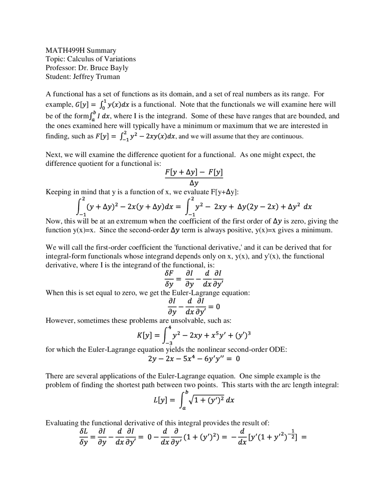 Calculus Of Variations Lecture Notes Math 499 Docsity
