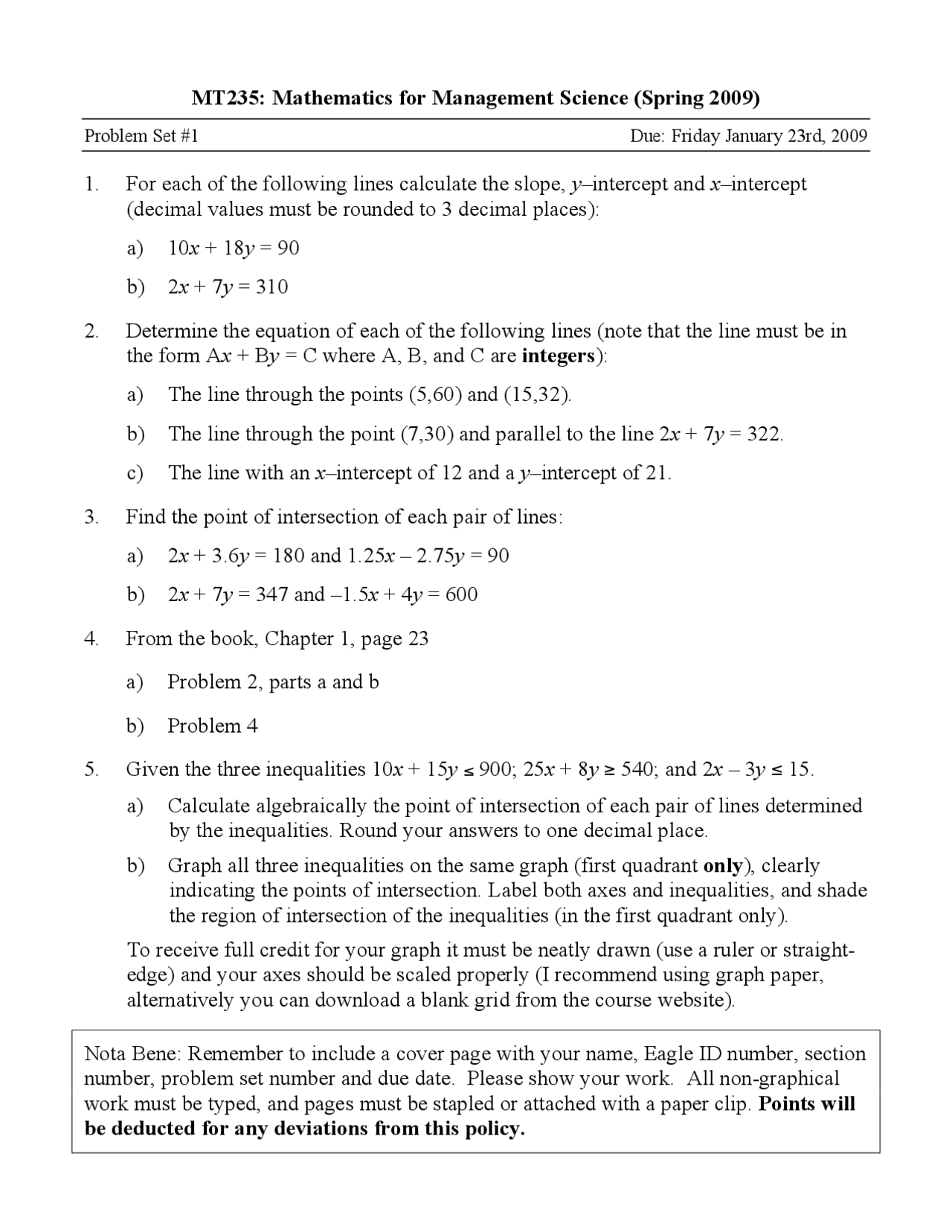 Problems On Mathematics For Management Science Problem Set I Mt 235