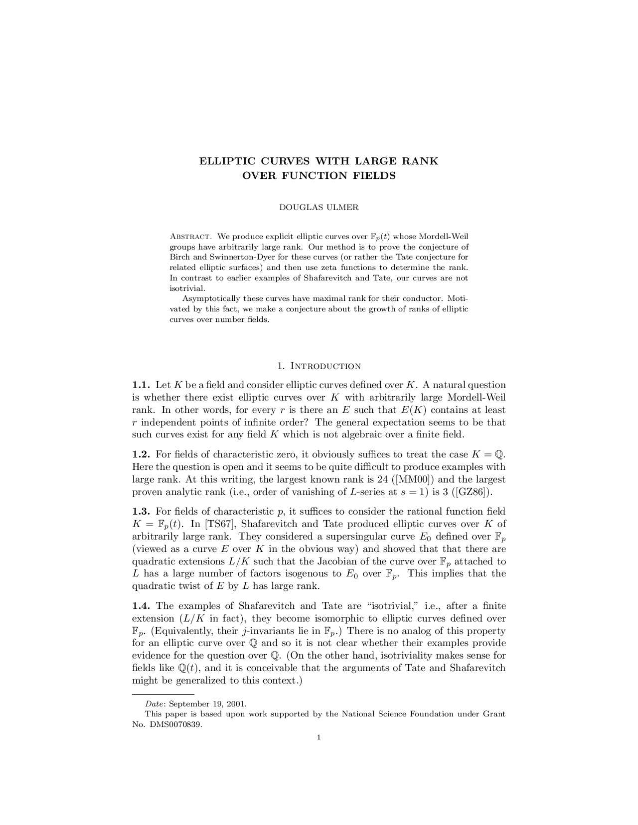 Elliptic Curves With Large Rank Over Function Fields Math 109c Docsity