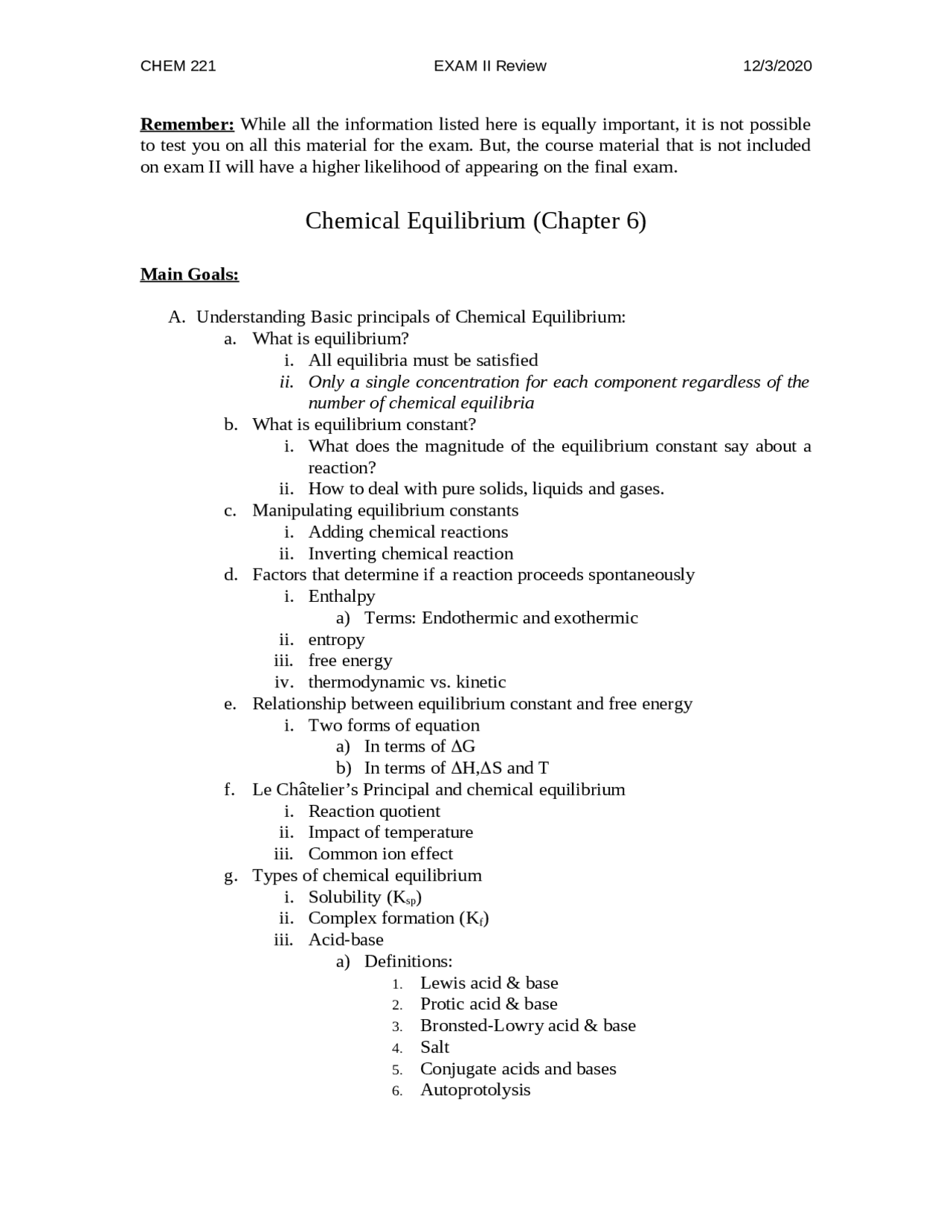 CHEM 221 Exam II Review: Equilibrium, Titrations, and Activity | Exams ...