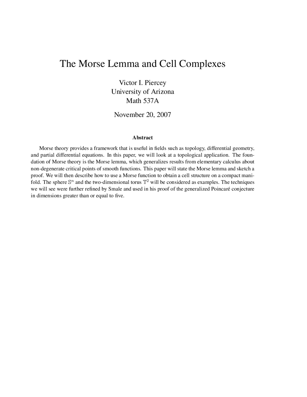 The Morse Lemma and Cell Complexes | MATH 537A - Docsity