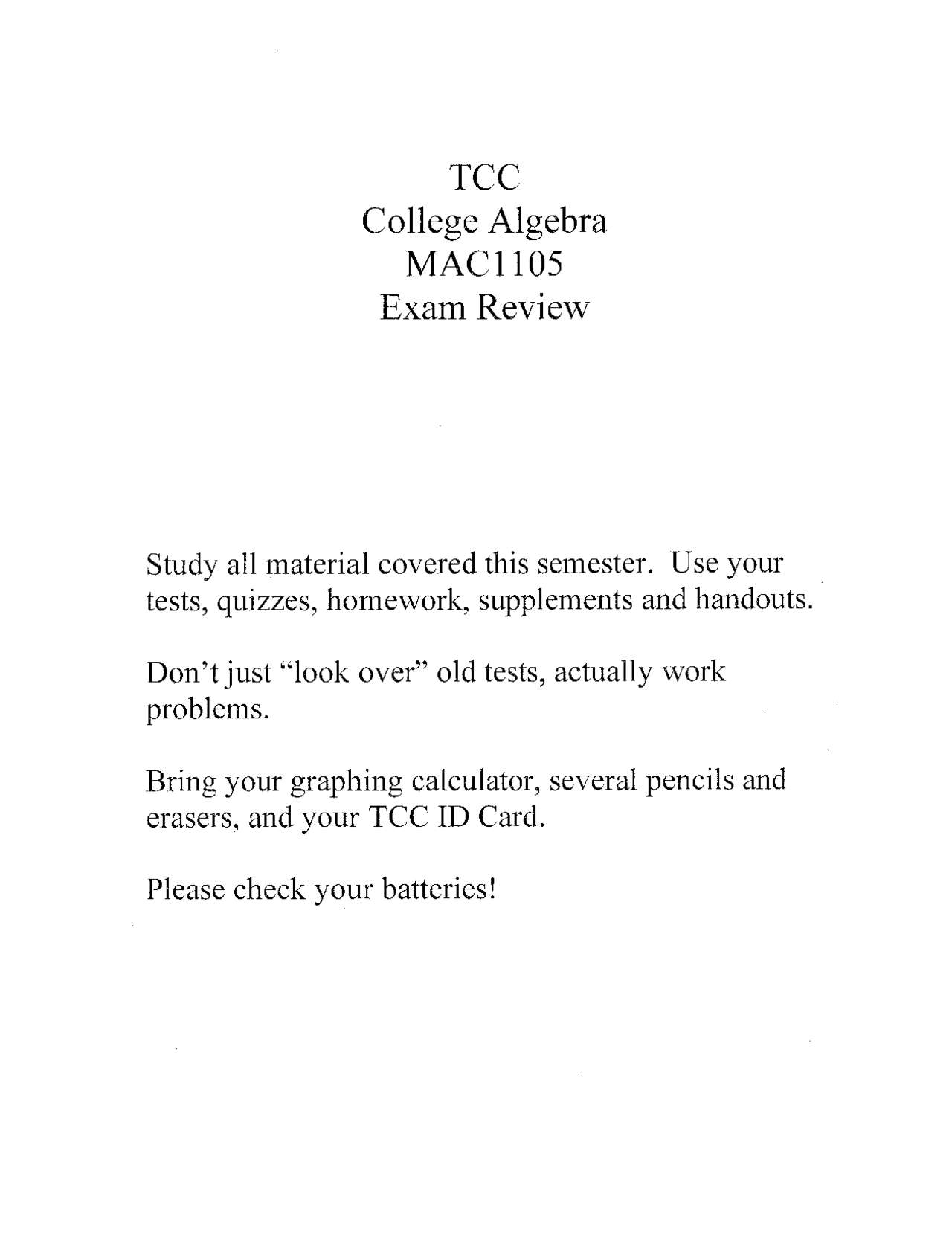 College Algebra Exam Review Sample Problems Mac 1105 Docsity