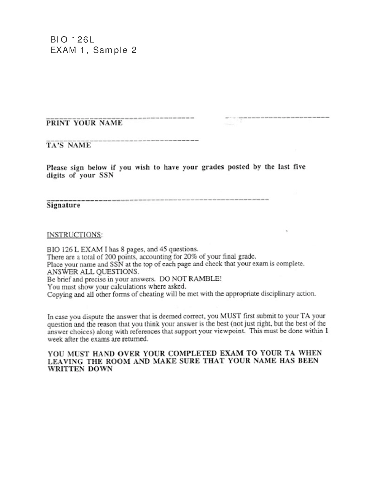 Sample Exam 1 General Microbiology Lab Bio 126l Docsity