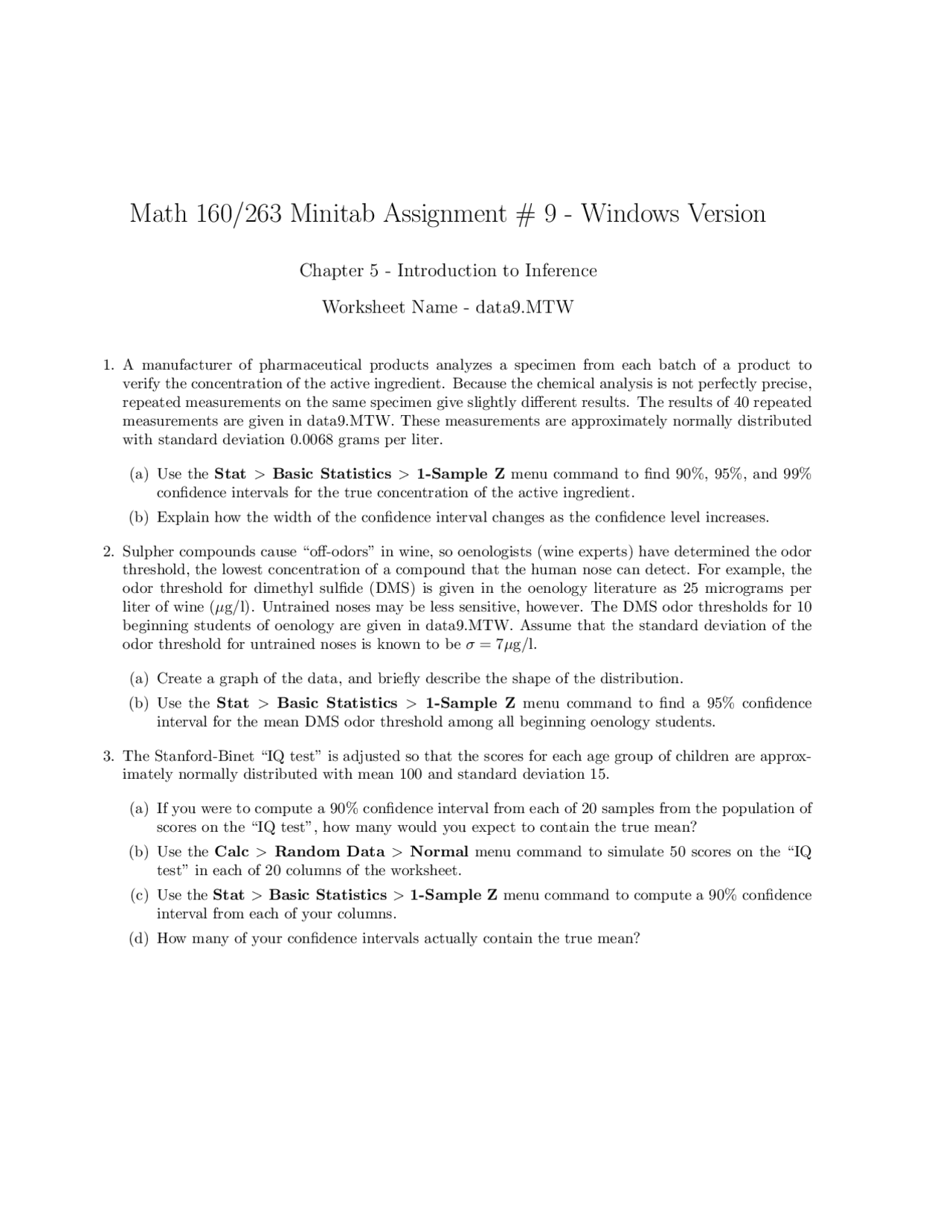 Minitab Assignment Ix Windows Version Introduction To Inference