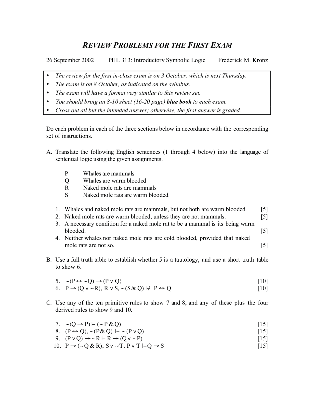 Review Problems for The First Exam - Introduction to Symbolic Logic | PHL 313 - Docsity