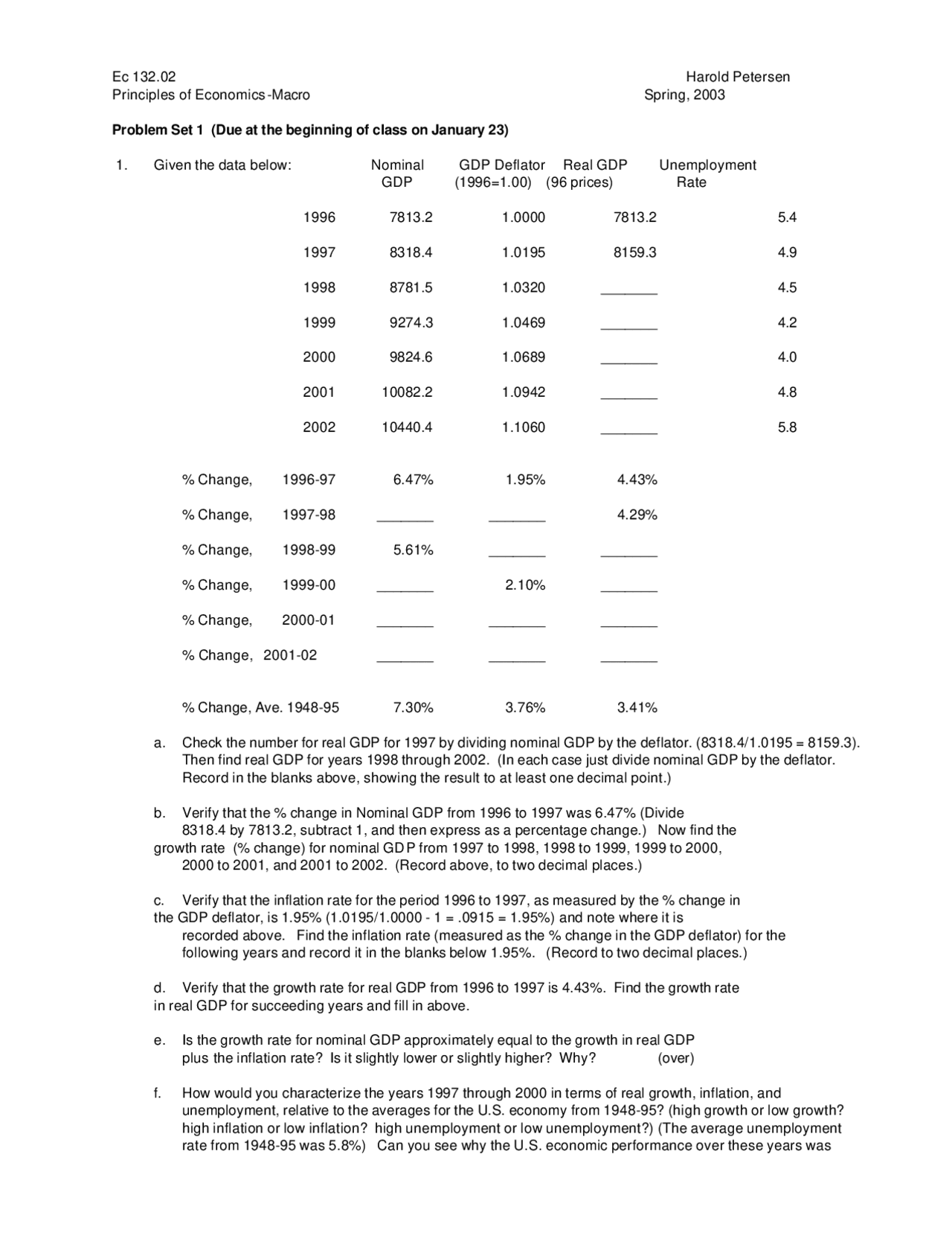 Problem Set 1 Principles Of Economics Ii Ec 132 Docsity