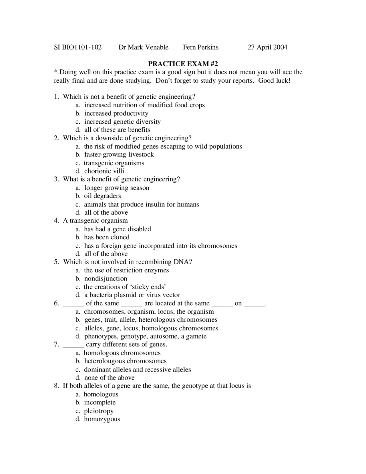 30 Multiple Choice Questions with Answer Key - Practice Exam 2 ...