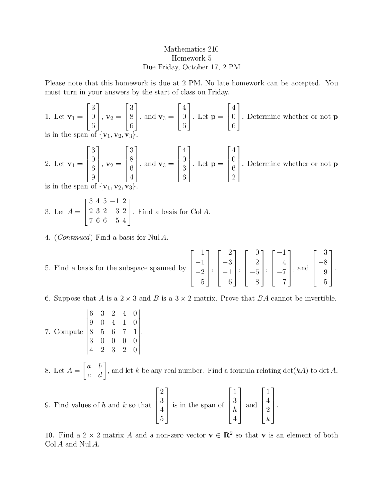 Homework V Questions Unsolved Linear Algebra Mt 210 Docsity