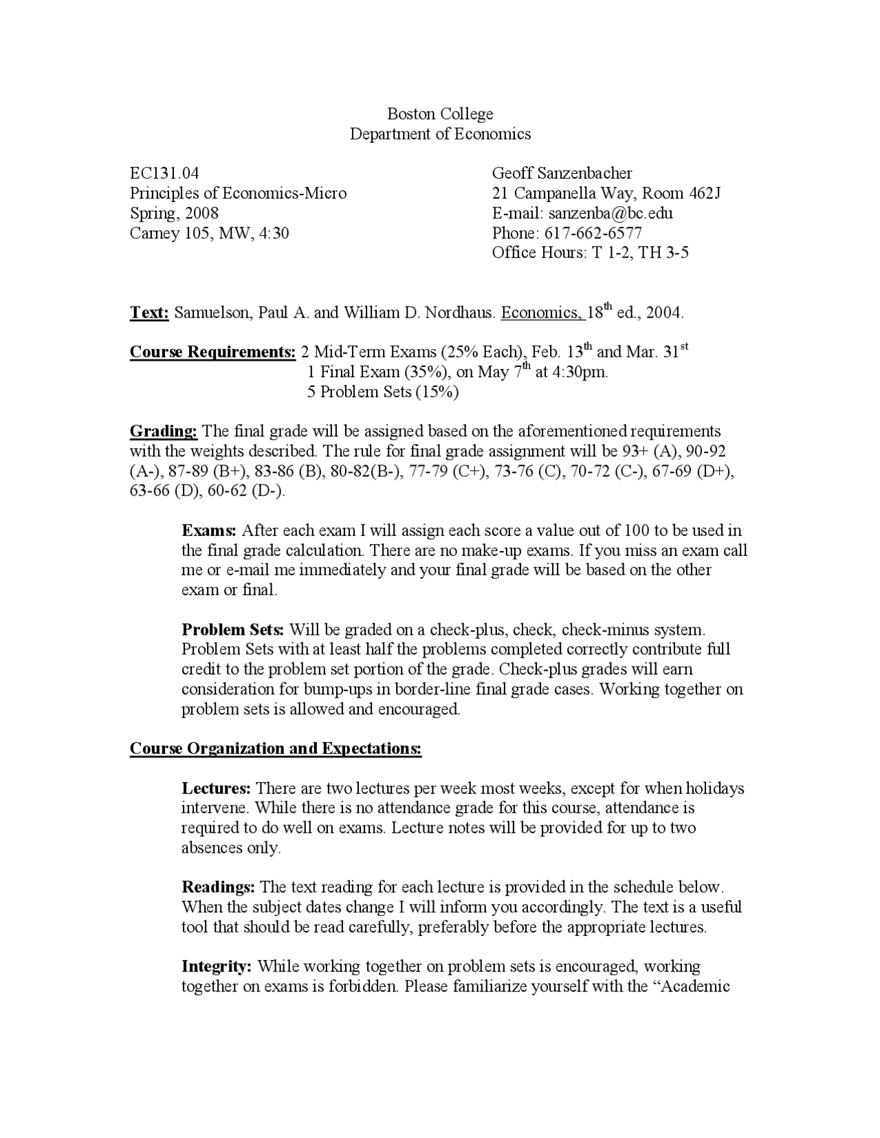 Course Organization And Syllabus Outline Principles Of Microeconomics