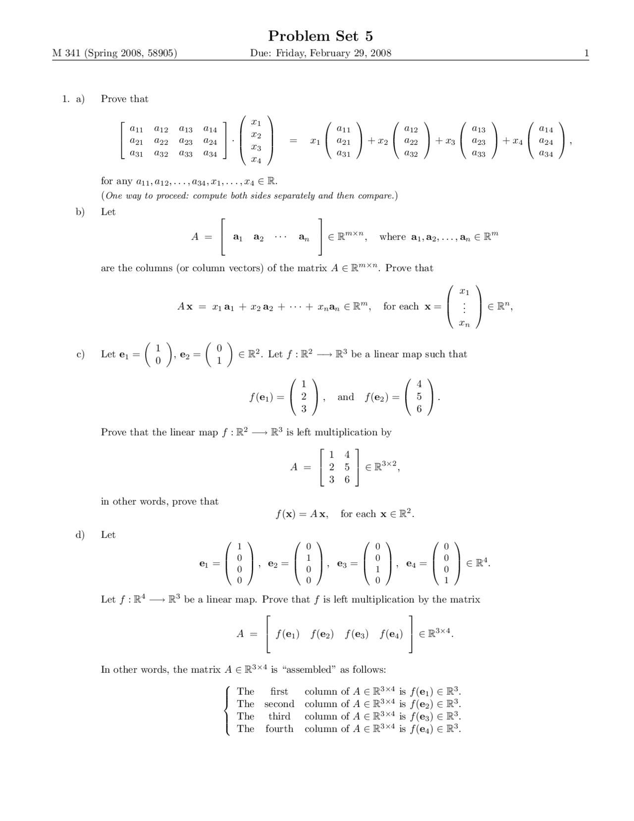 Linear Algebra and Matrix Theory - Assignment 5 Questions | M 341 - Docsity