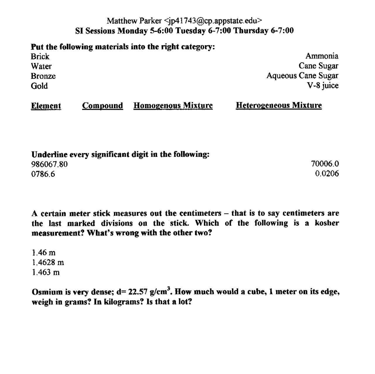 Introductory Chemistry I Practice Problem Set Che 1101 Docsity