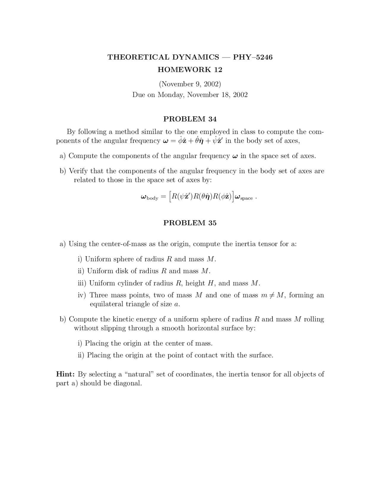 Theoretical Dynamics Homework 12 Practice Problems Phy 5246 Docsity