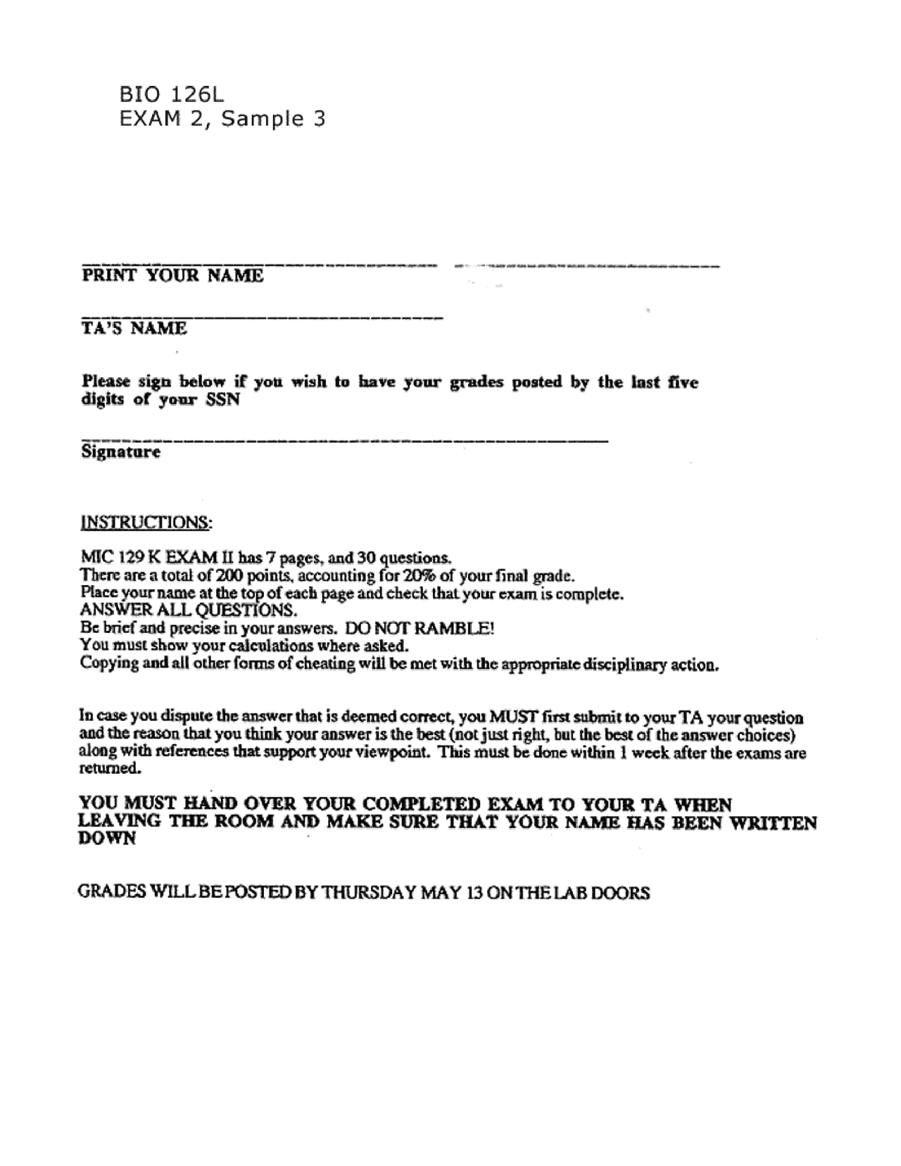Exam 2 Sample Questions On General Microbiology Lab Bio 126l Docsity