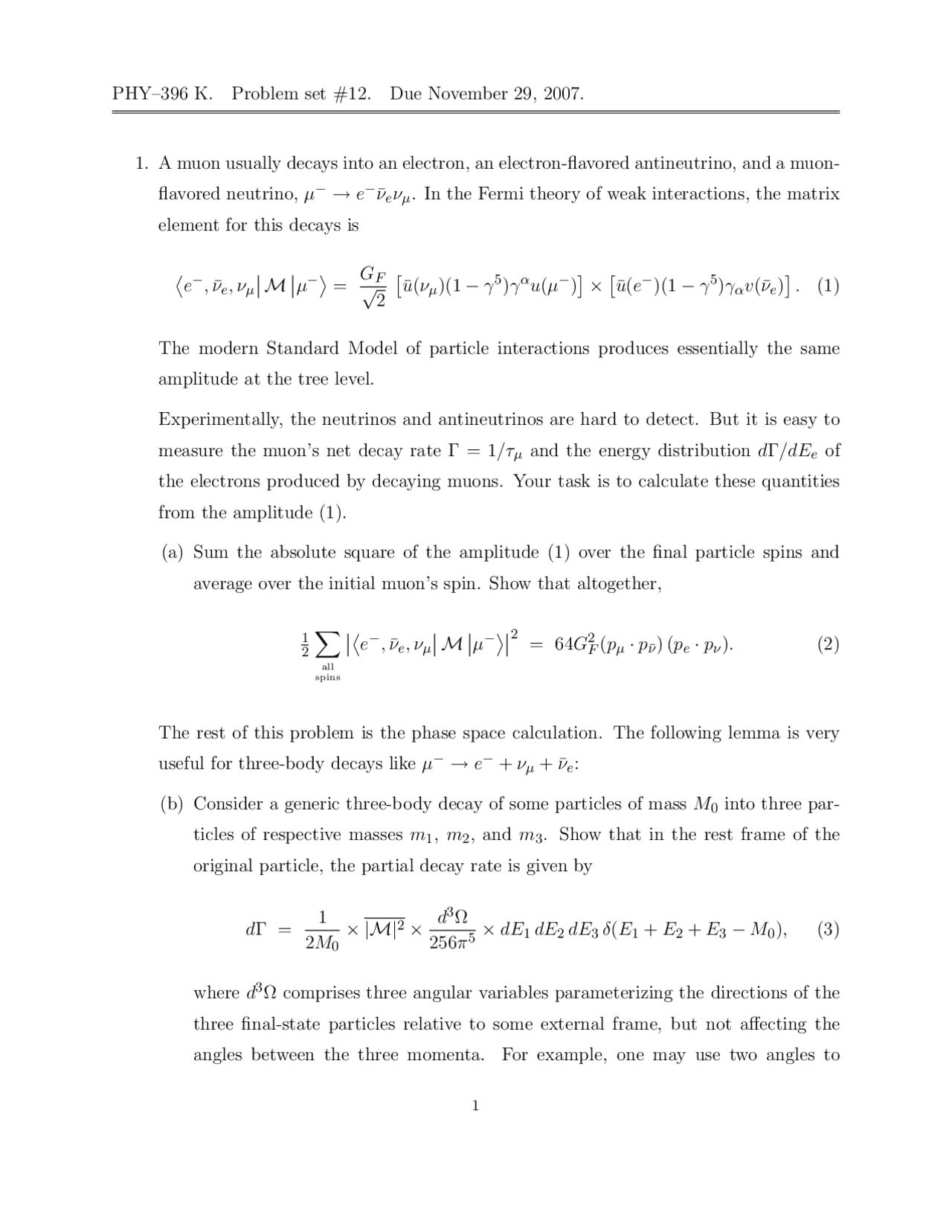 Problem Set 12 Quantum Field Theory I Phy 396k Docsity