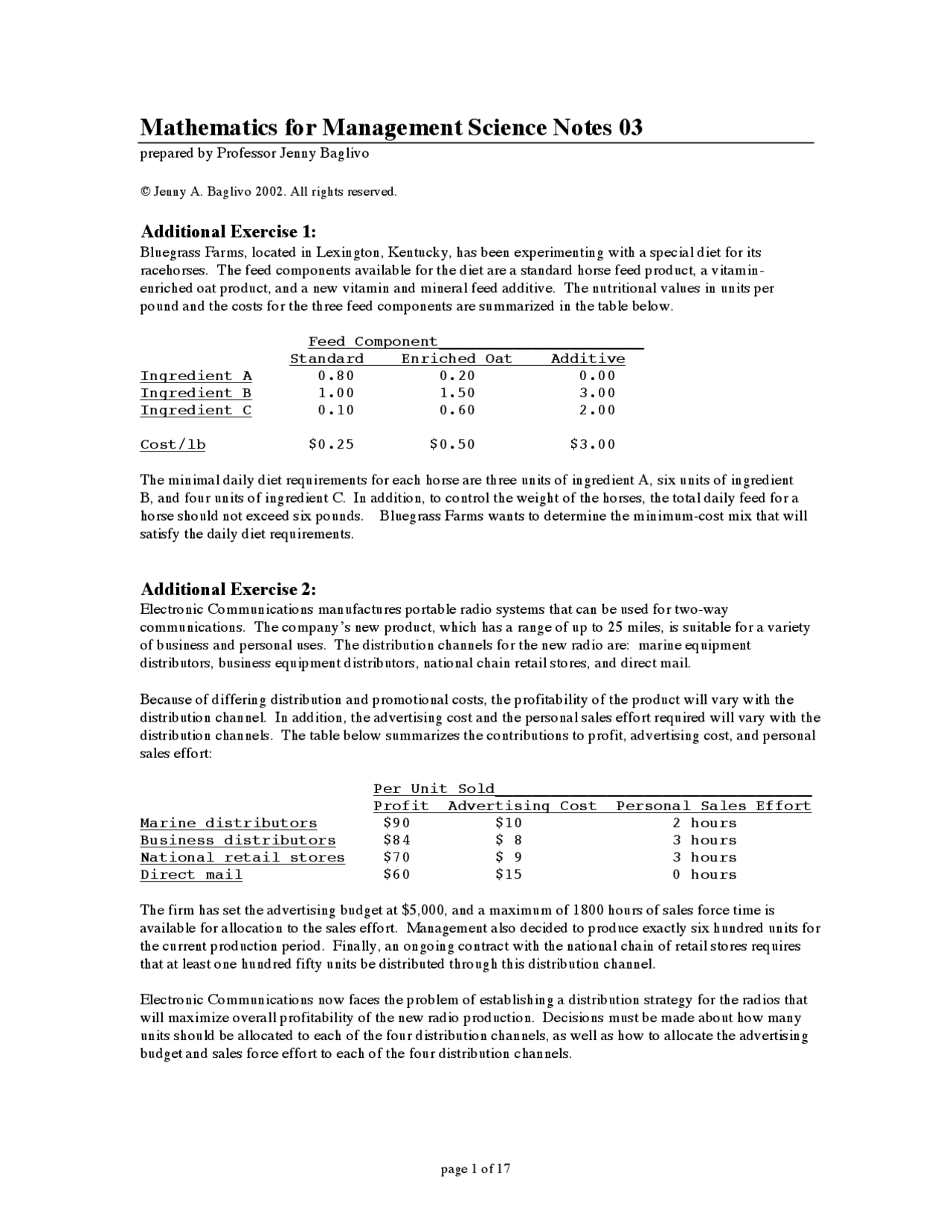 Mathematics for Management Science - Additional Exercises | MT 235 - Docsity