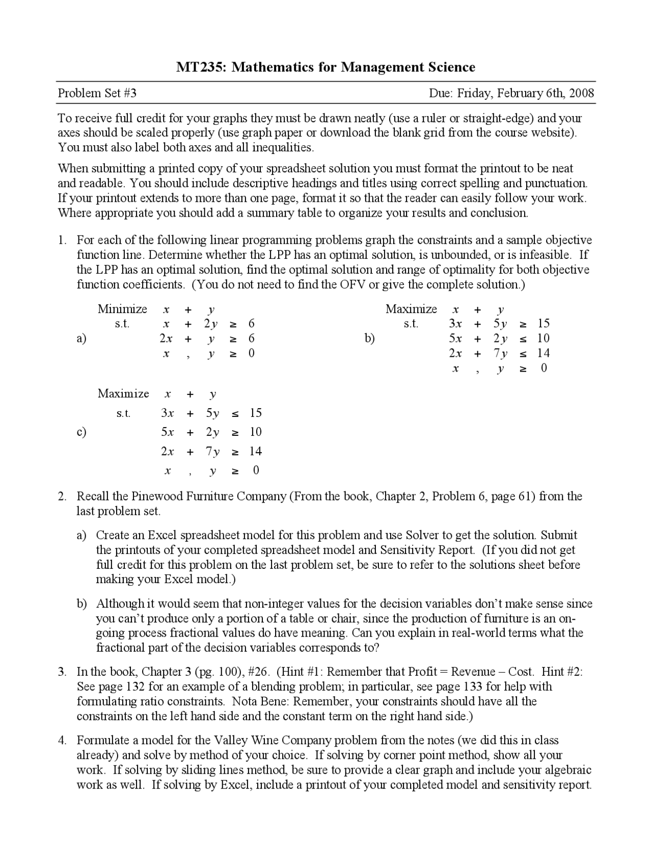 Problem Set 3 - Mathematics for Management Science | MT 235 | Assignments Mathematics | Docsity