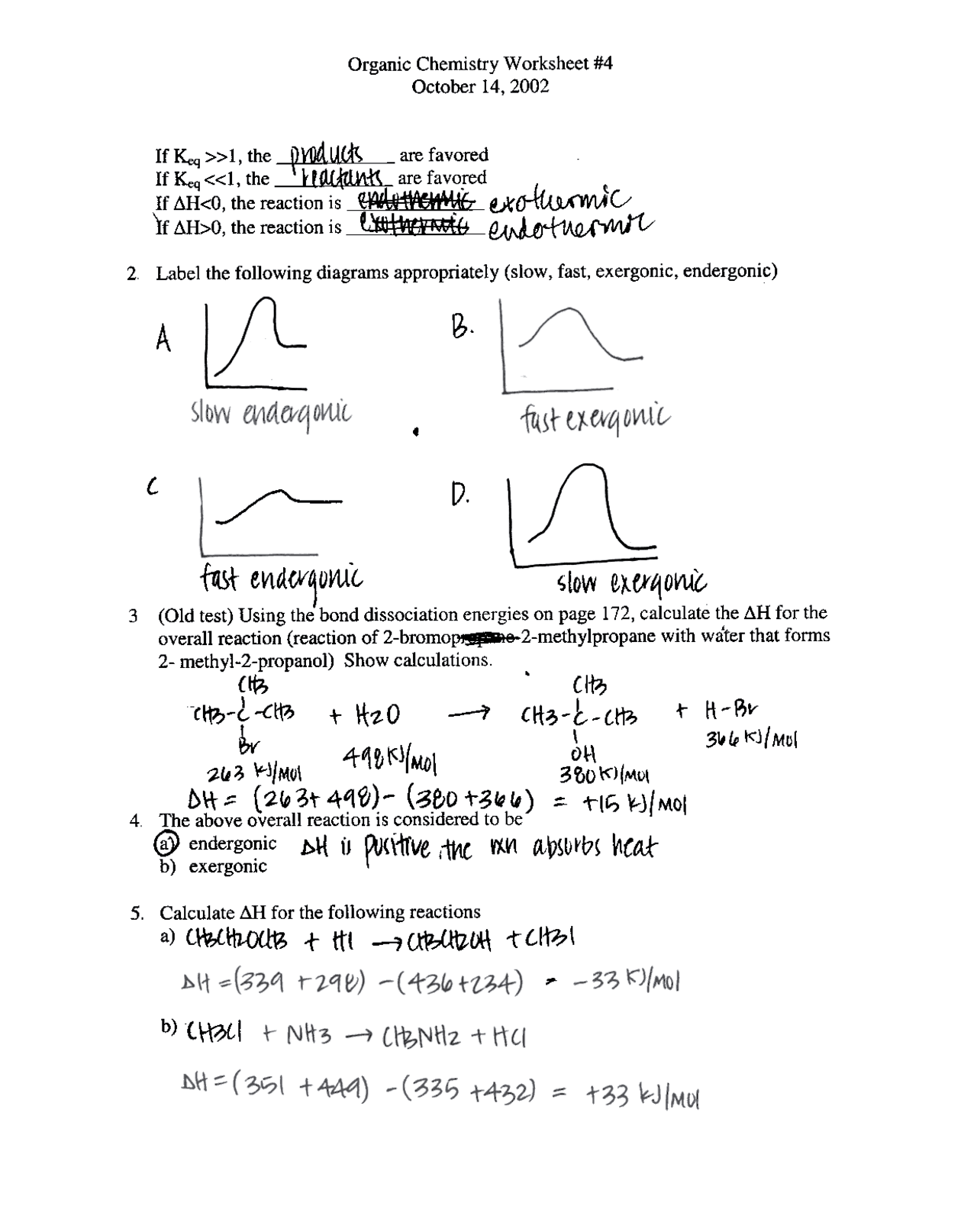 Organic Chemistry Worksheet #4: Reactions, Energy Diagrams, and Alkene ...