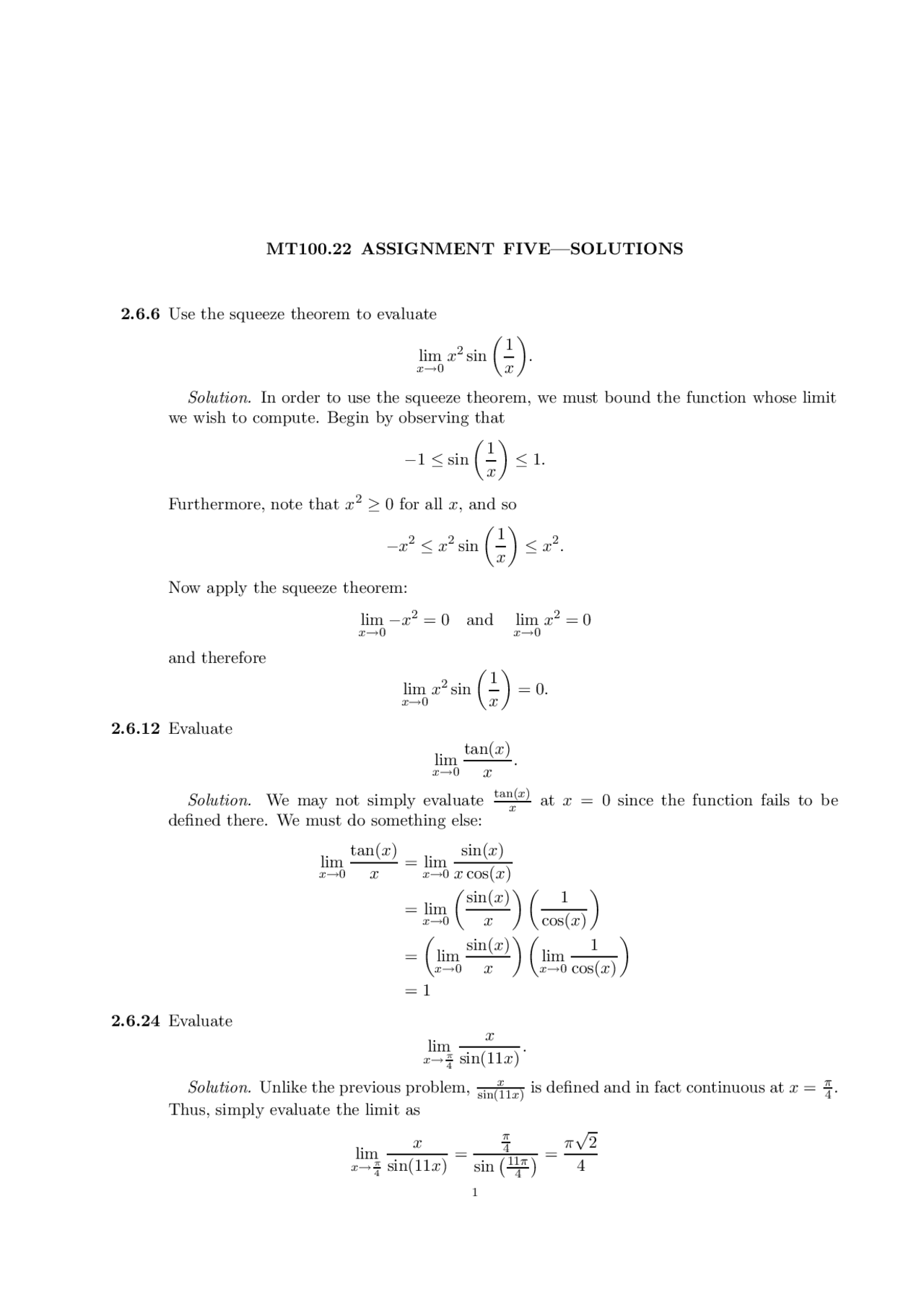 Calculus I Assignment Five With Answers Mt 100 Docsity