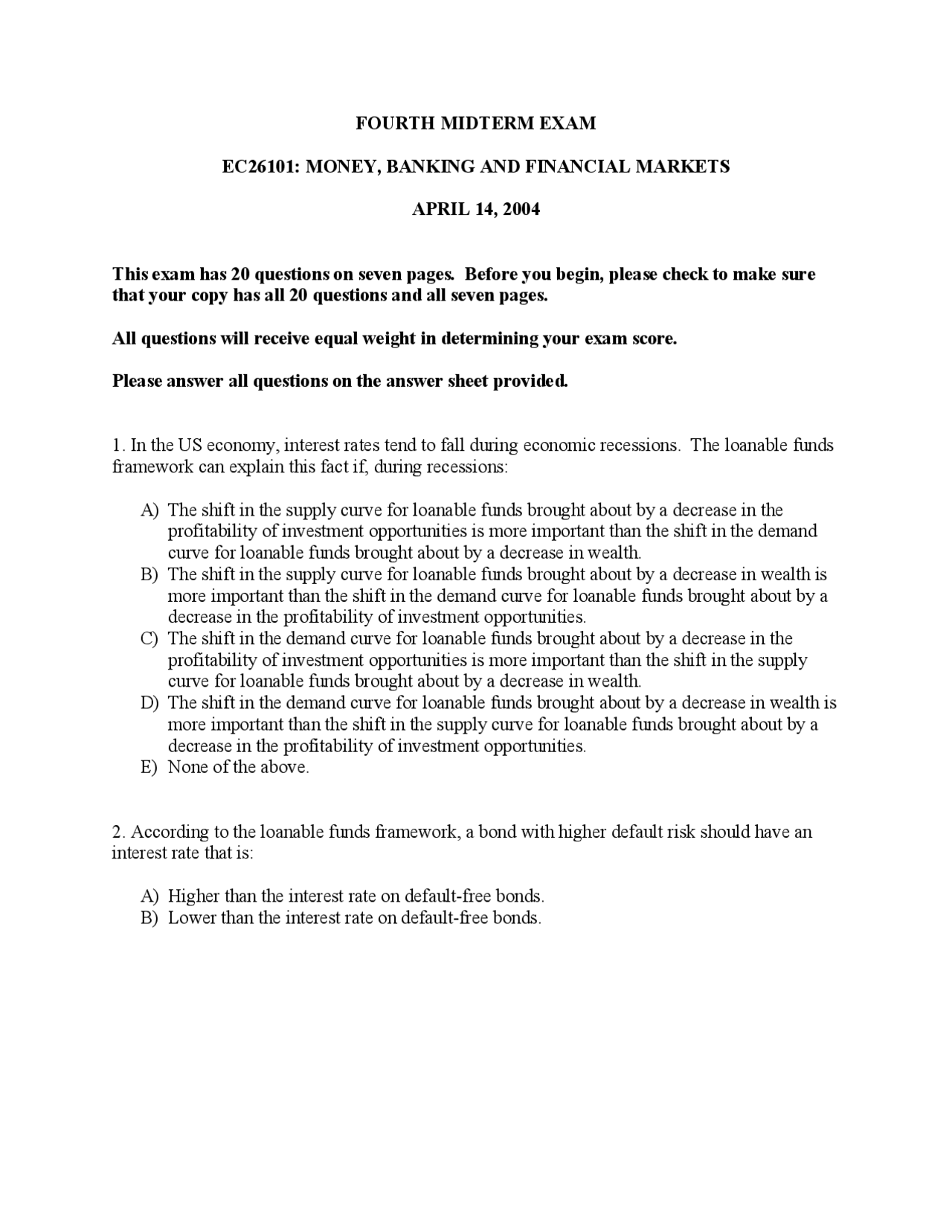 Midterm Exam Money Banking And Financial Markets Nu 261 Docsity