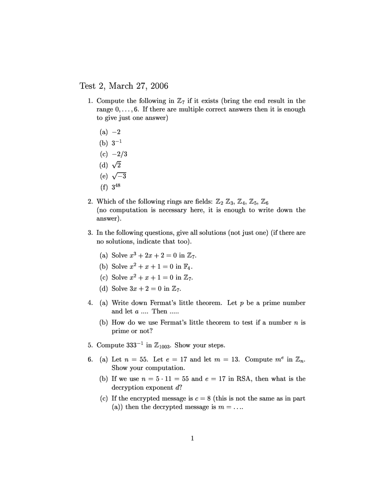6 Questions In Test 2 Introduction To Modern Algebra Mas 3301 Docsity