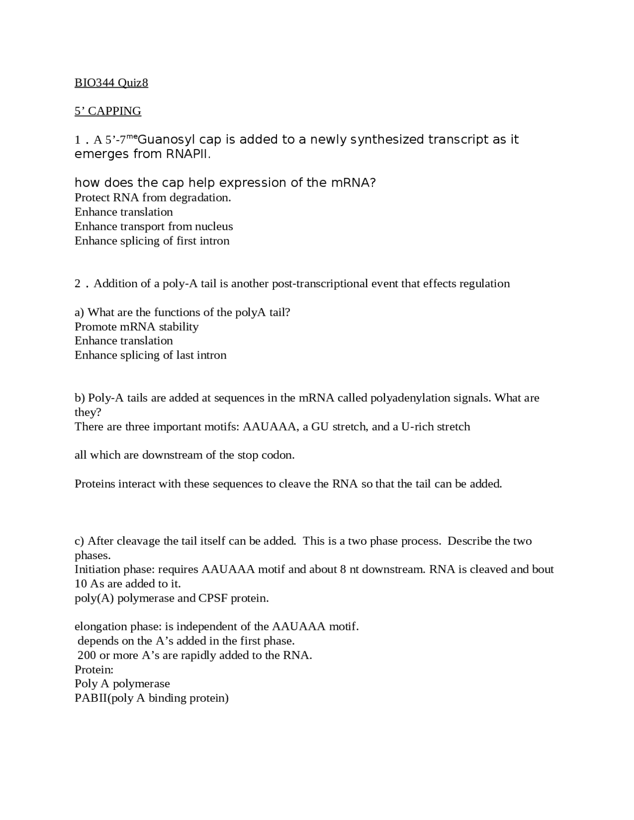 Practice Problems on Molecular Biology - Quiz 8 | BIO 344 - Docsity