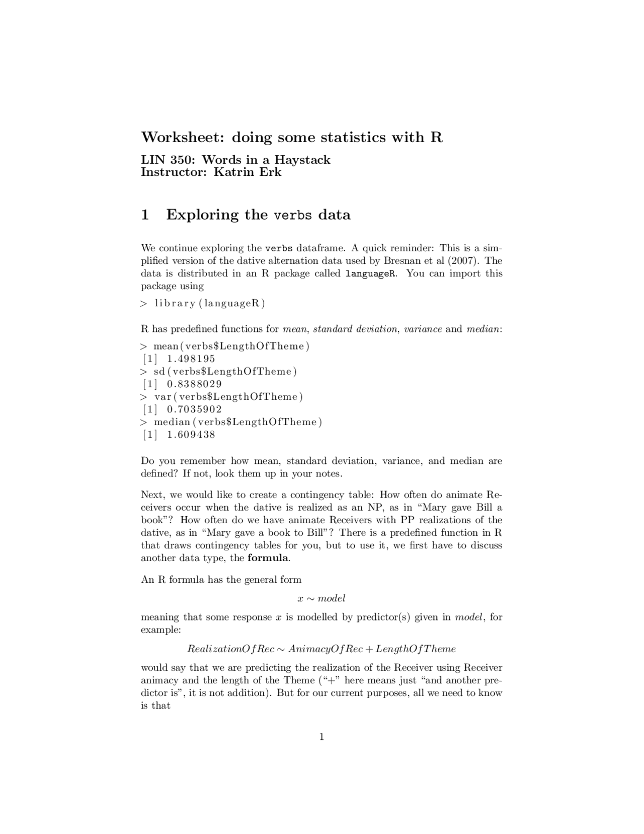 Exploring the Verbs data in Statistics - Worksheet | LIN 350 - Docsity