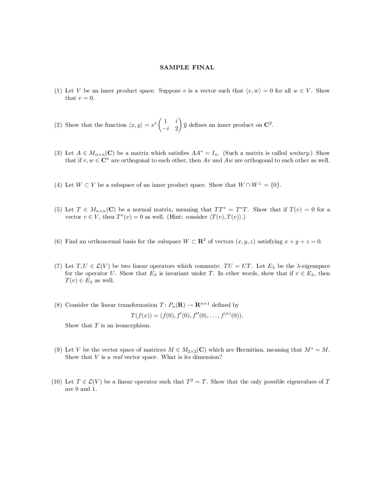 10 Sample Questions Final Exam Linear Algebra Math 115a Docsity