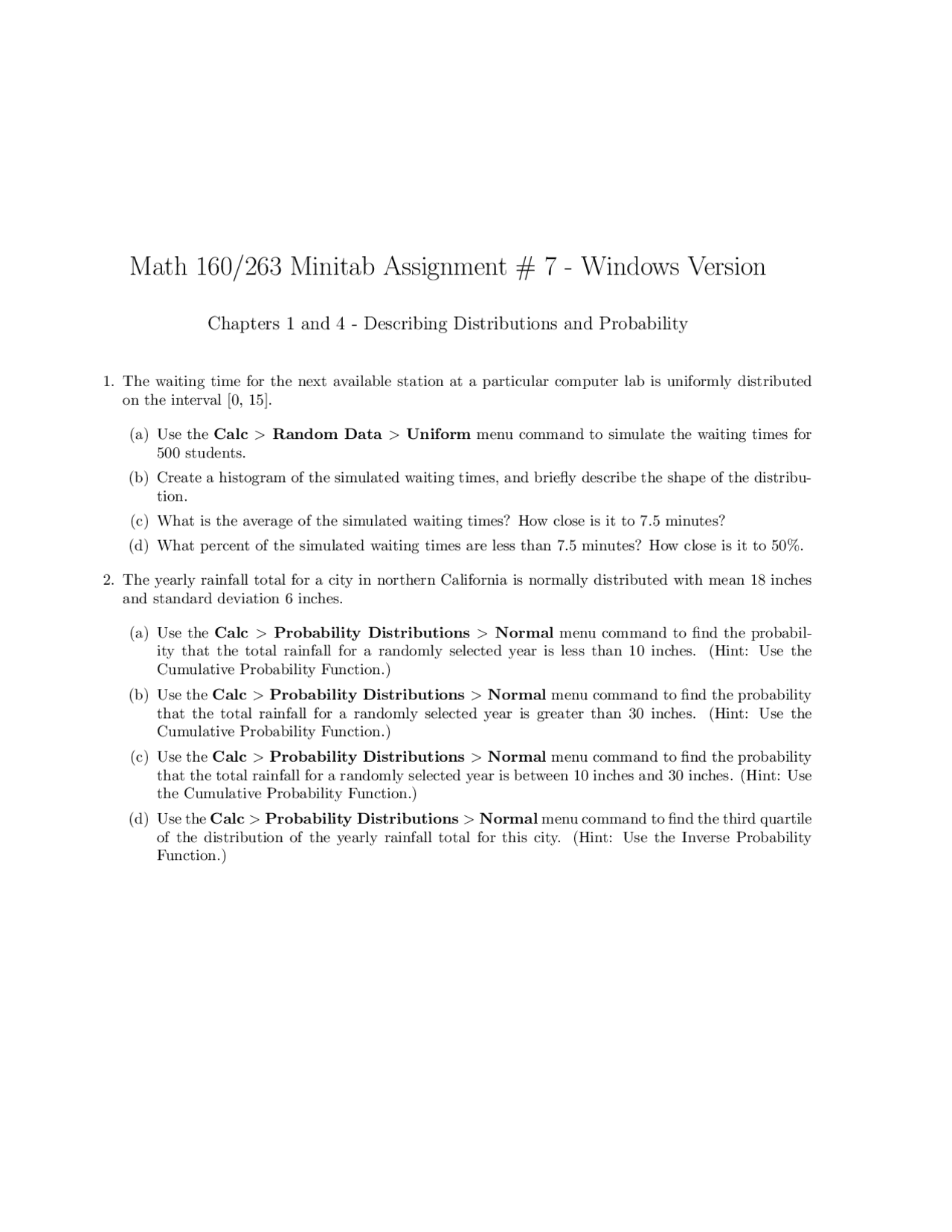 Describing Distributions and Probability - Assignment Seven | MATH 160 - Docsity
