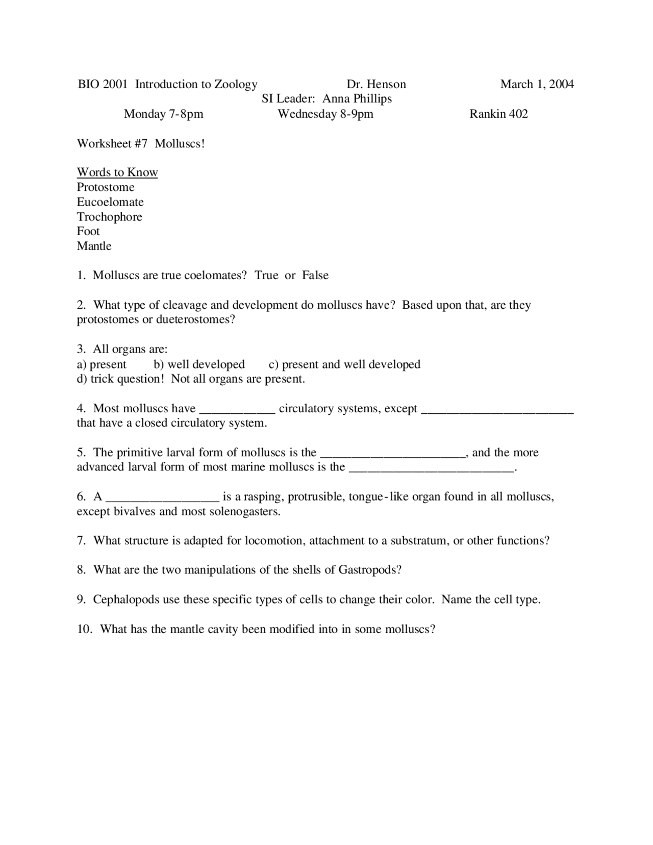 Mollusks – Introduction to Zoology – Worksheet 7 | BIO 2001 - Docsity