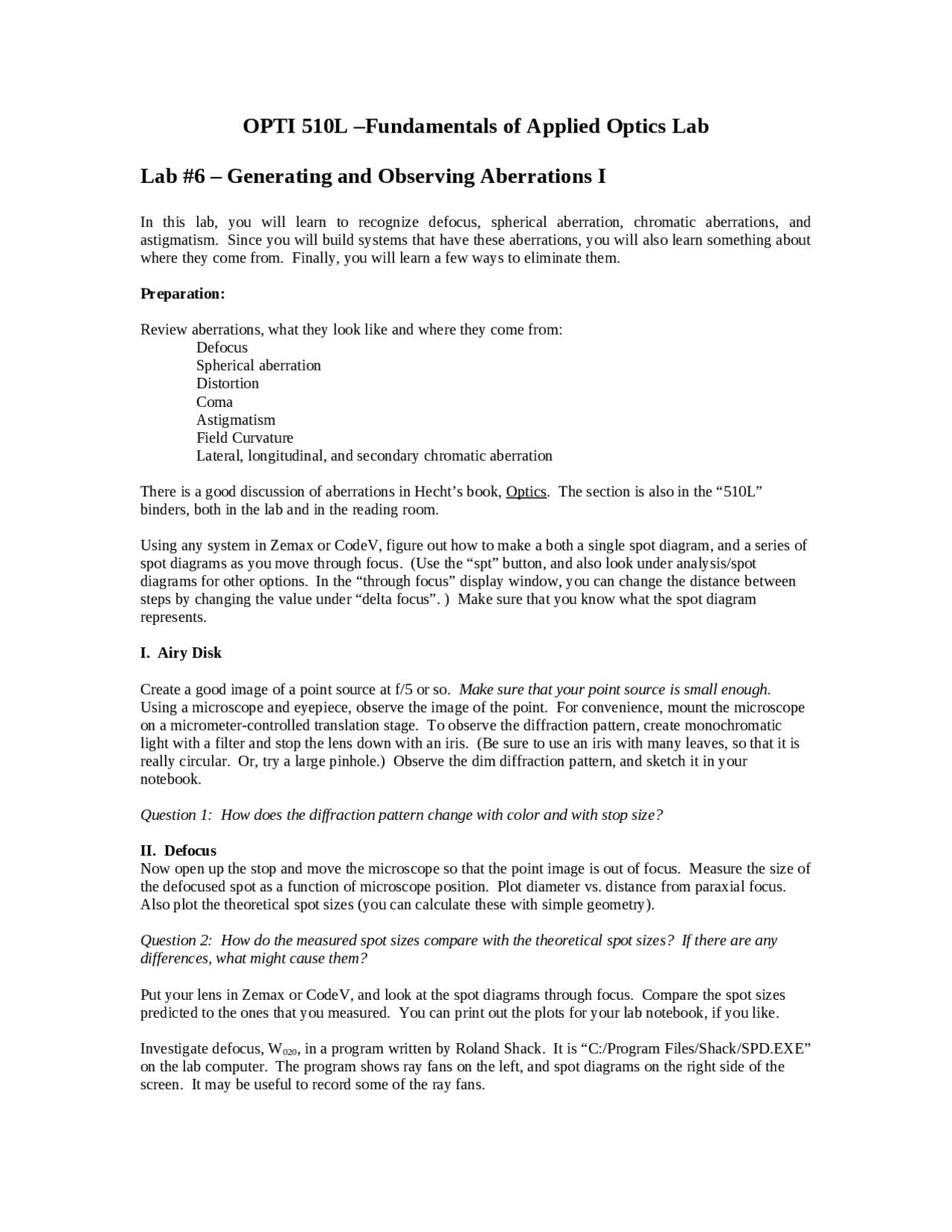 Lab 6 Generating And Observing Aberrations I Opti 510l Docsity