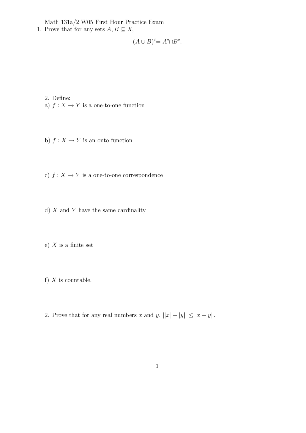 Practice Exam Questions Analysis Math 131a Docsity