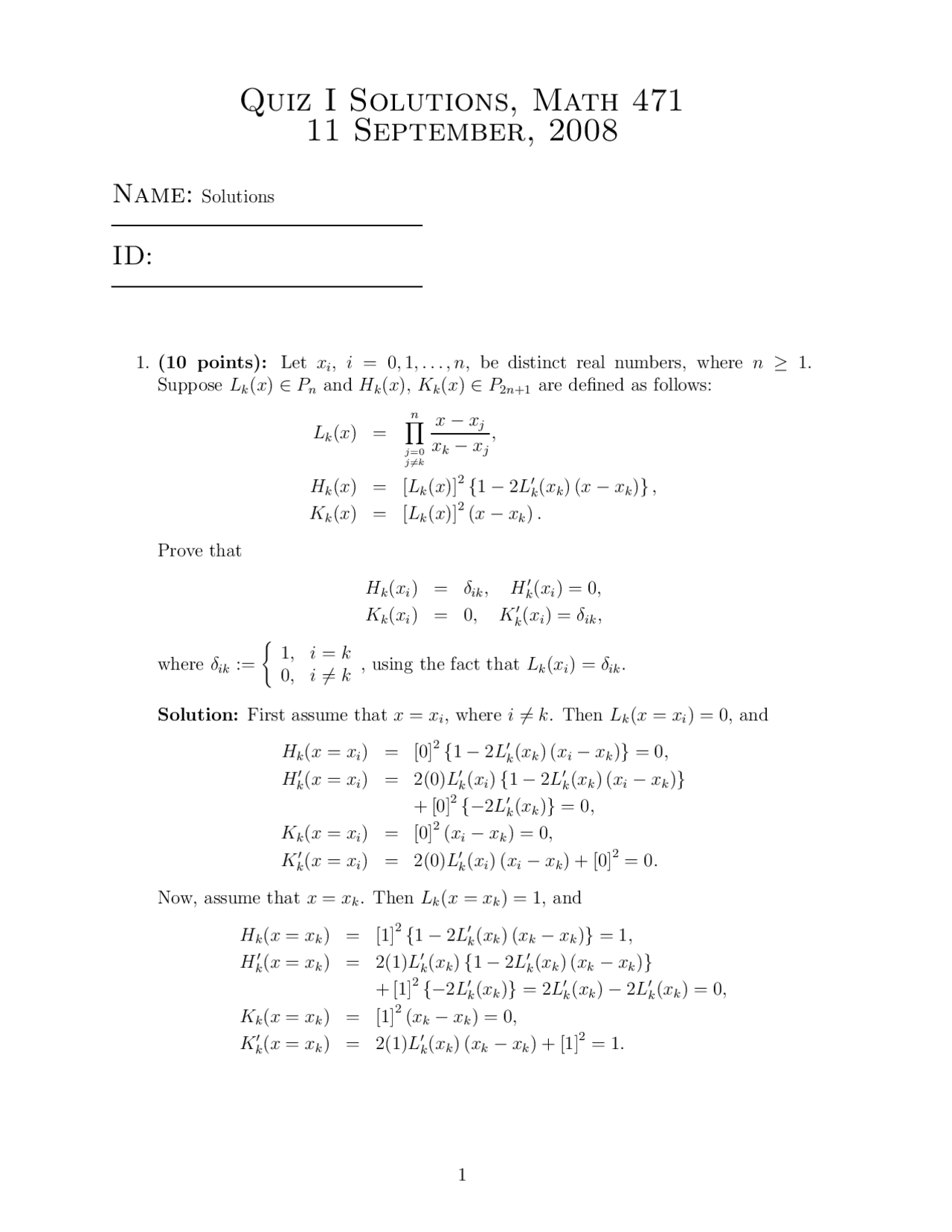 Quiz 1 with Solutions - Numerical Analysis | MATH 471 - Docsity