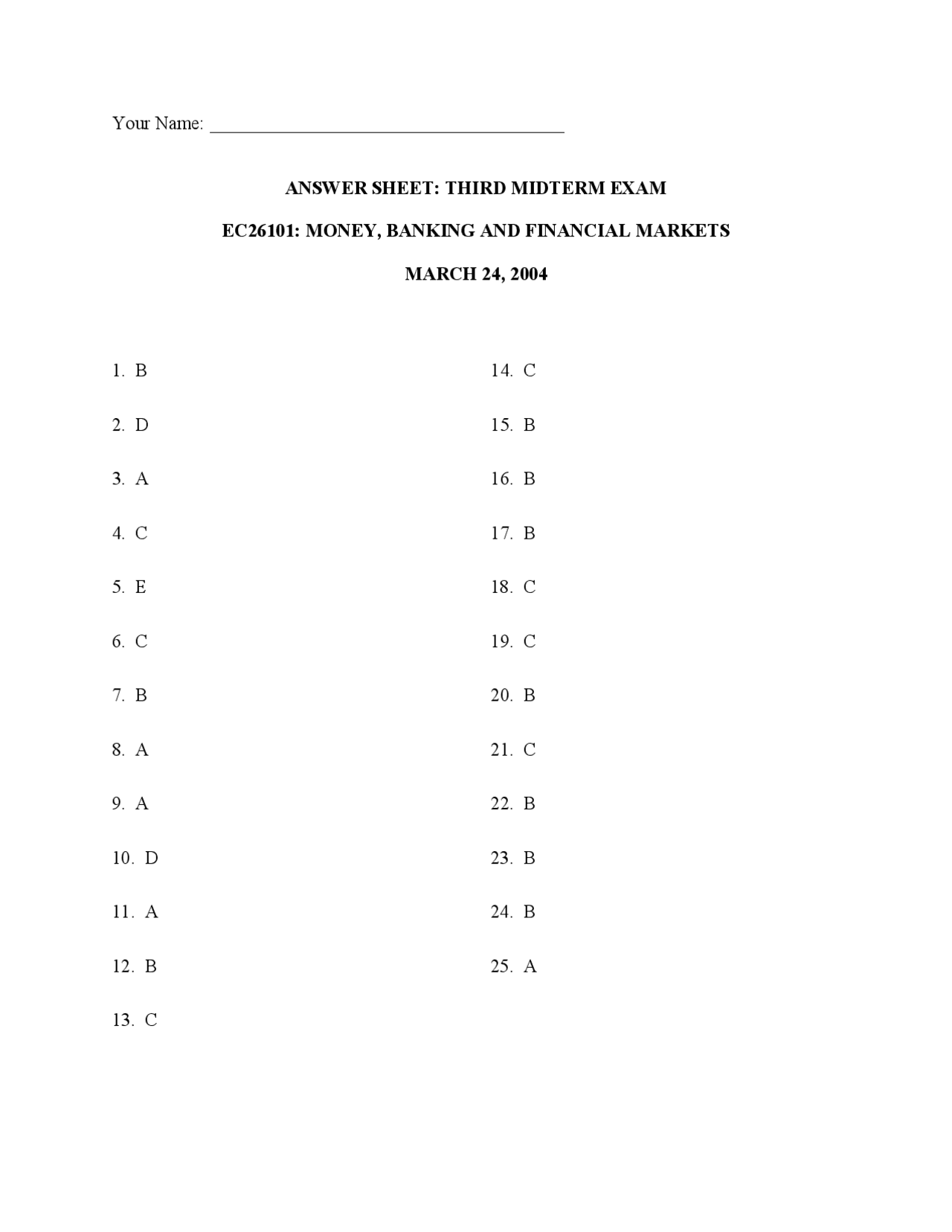 Answer Sheet Of Midterm 3 On Money Banking And Financial Nu 261