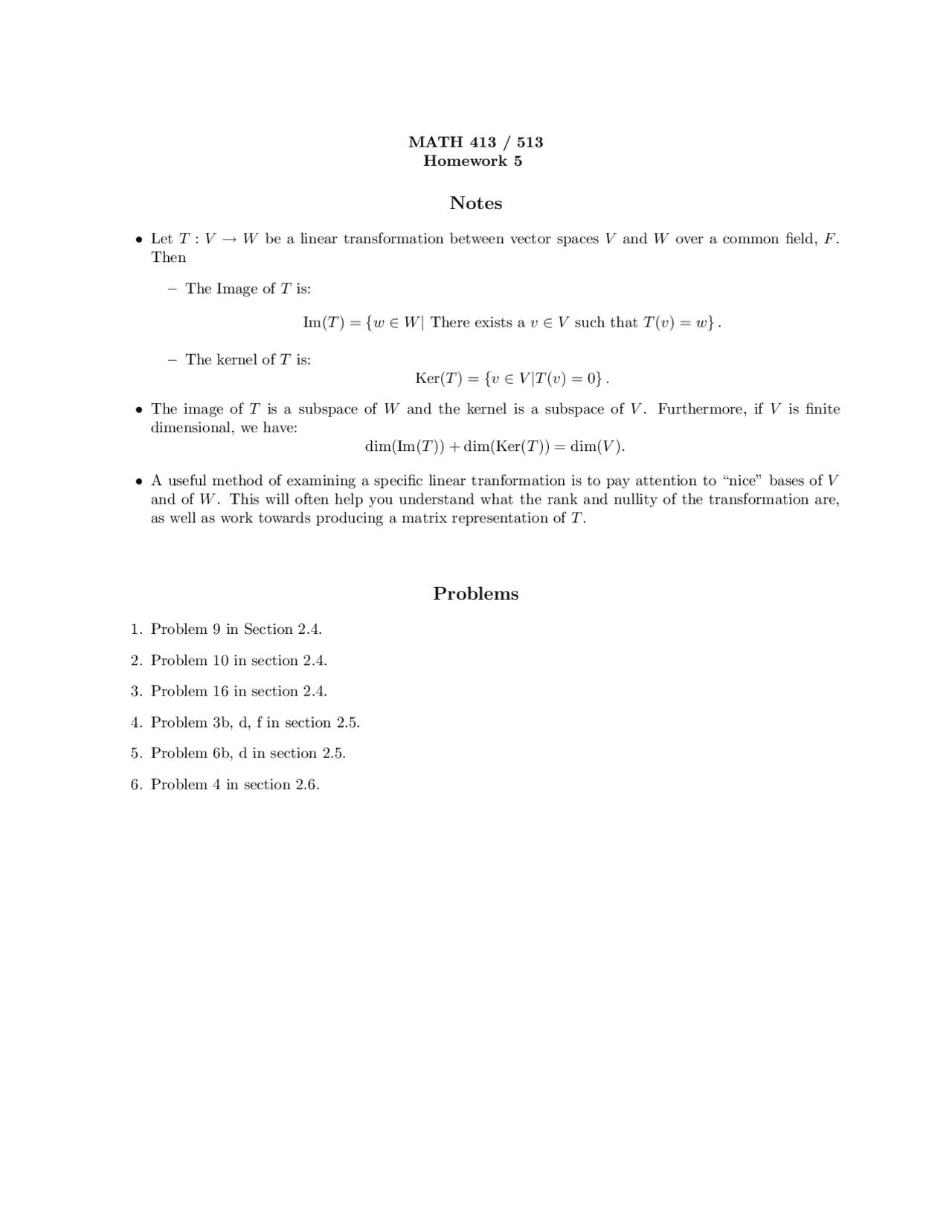Linear Algebra Homework Five Questions Math 413 Docsity
